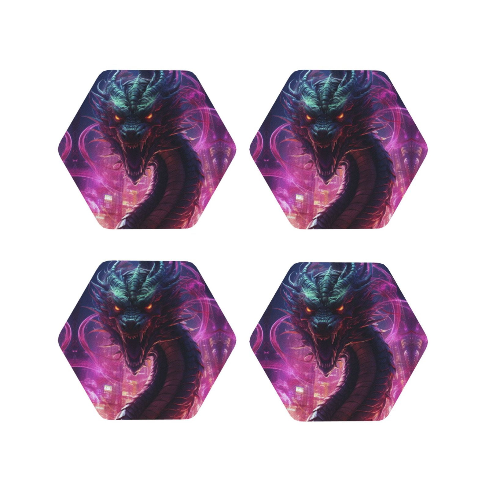 Leather Coasters with Heat-resistant for Drinks, Neon Futuristic Dragon ...