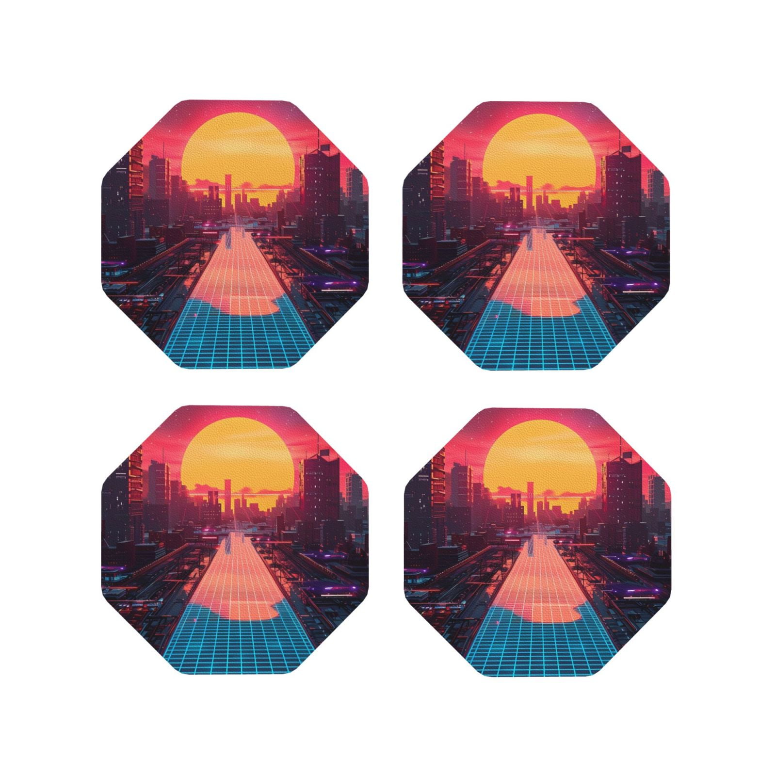 Leather Coasters with Heat-resistant for Drinks, Neon Sunset Cyberpunk ...