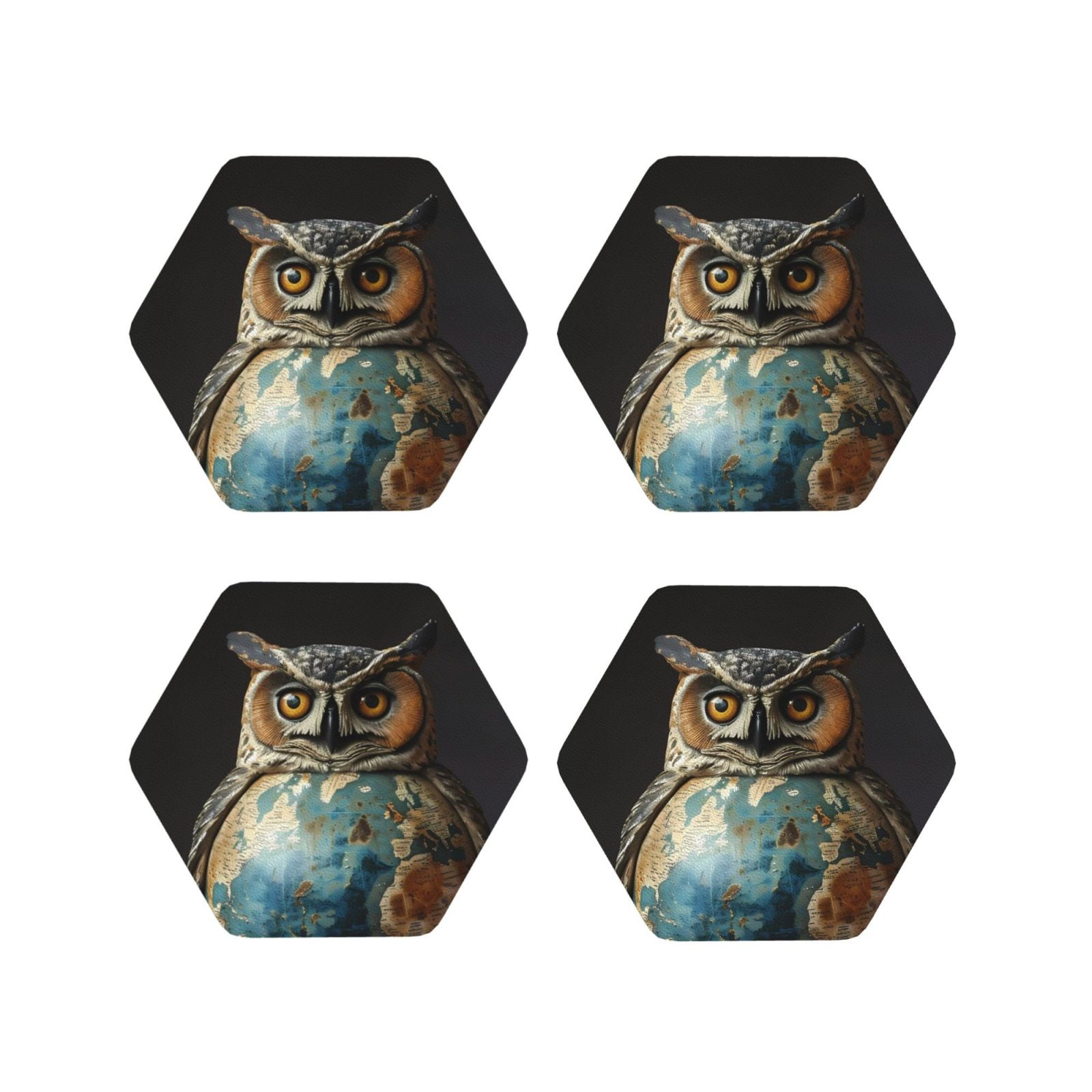 Leather Coasters with Heat-resistant for Drinks, Owl Globe Sculpture ...
