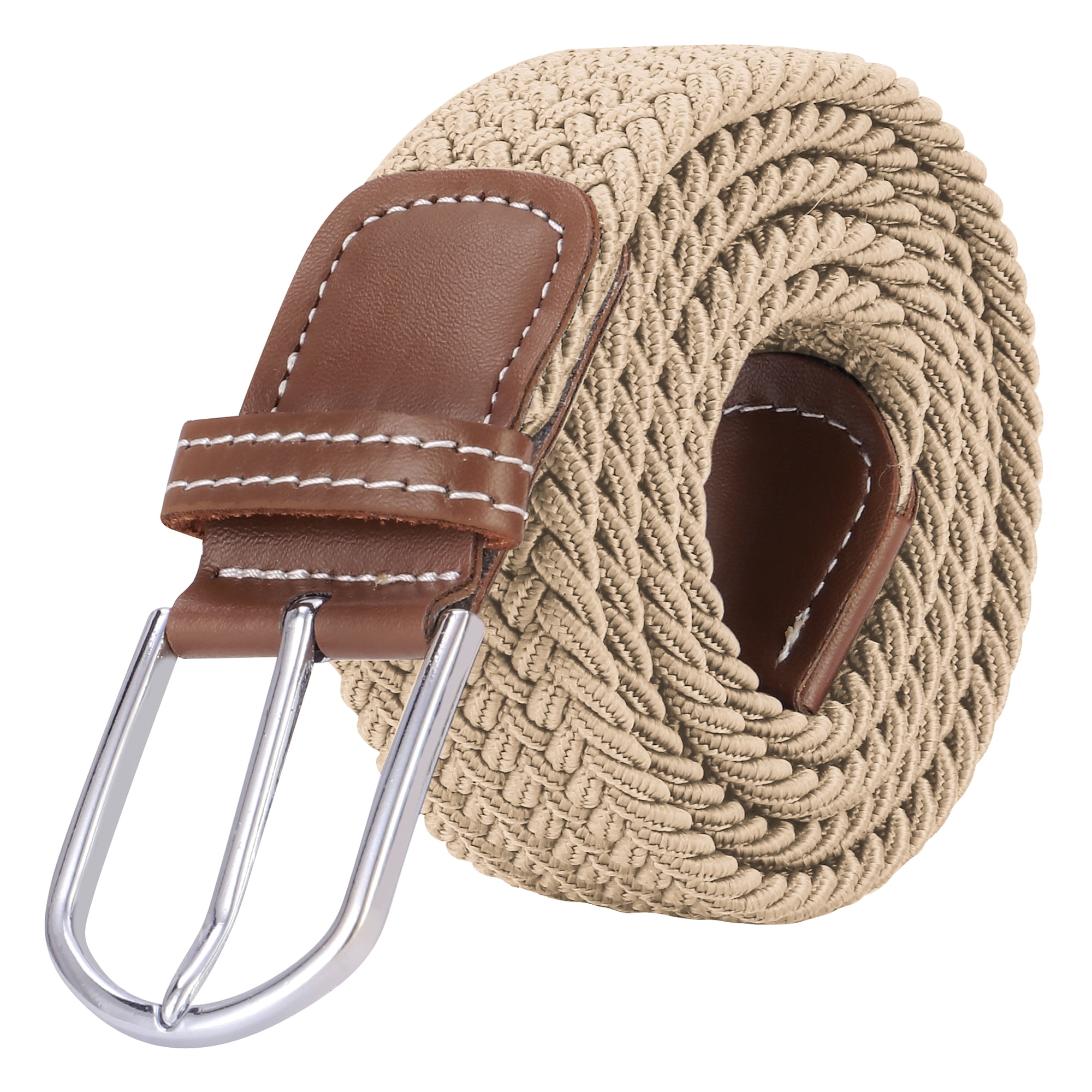 Leather Covered Buckle Woven Elastic Stretch Belt 1 3/8" Width Stretch ...