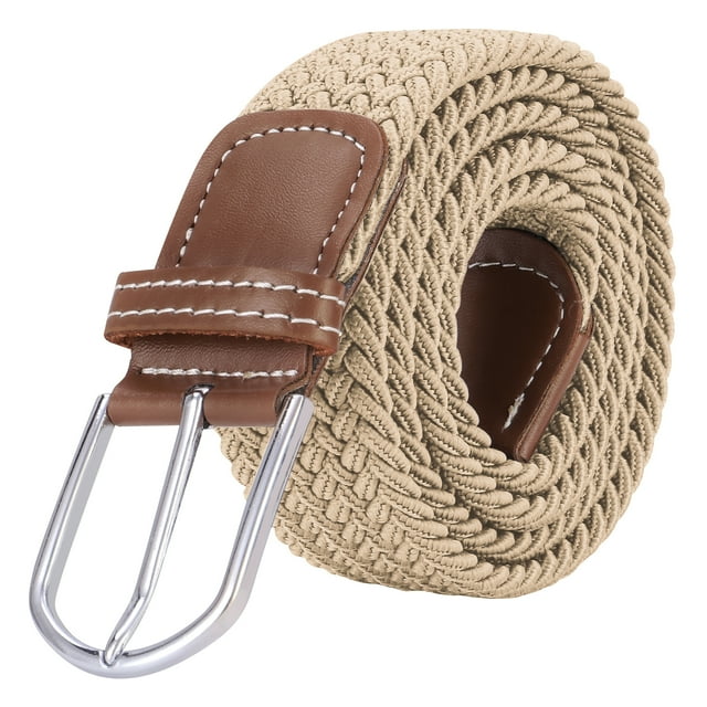 Leather Covered Buckle Woven Elastic Stretch Belt 1 3/8" Width Stretch ...