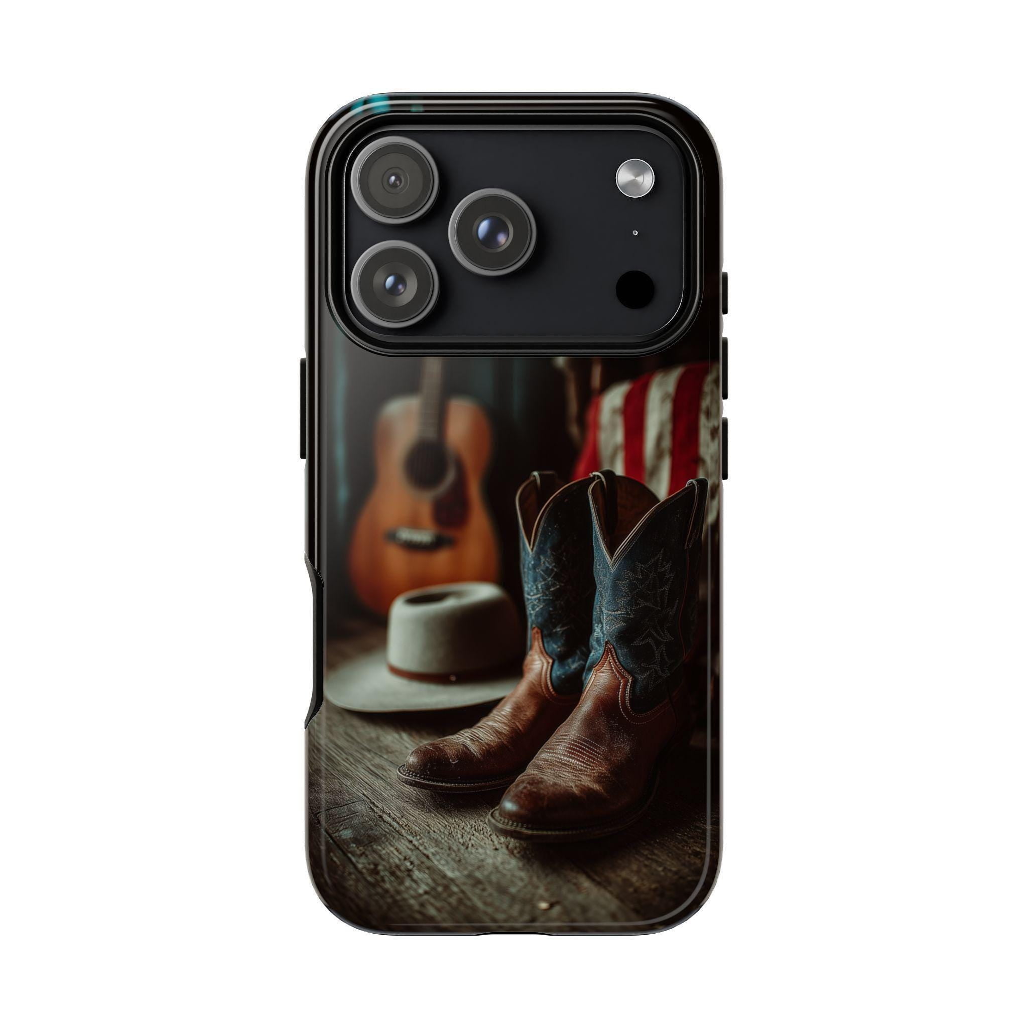 Leather Cowboy Boots Guitar USA Flag Western Scene Phone Case with ...