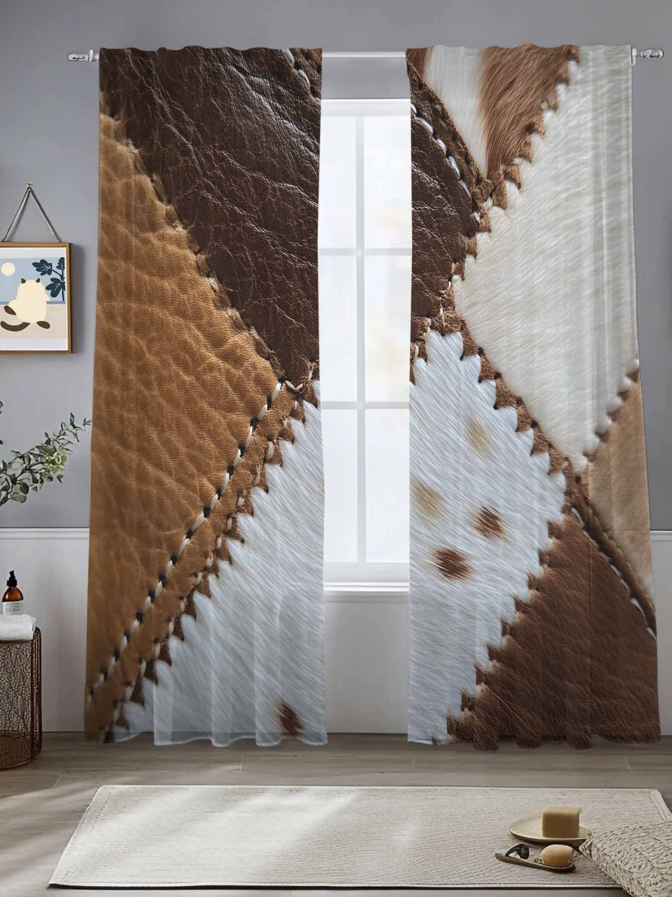 Leather Cowhide Sheer Curtains 108 Inches Long 2 Panels Brown White ...
