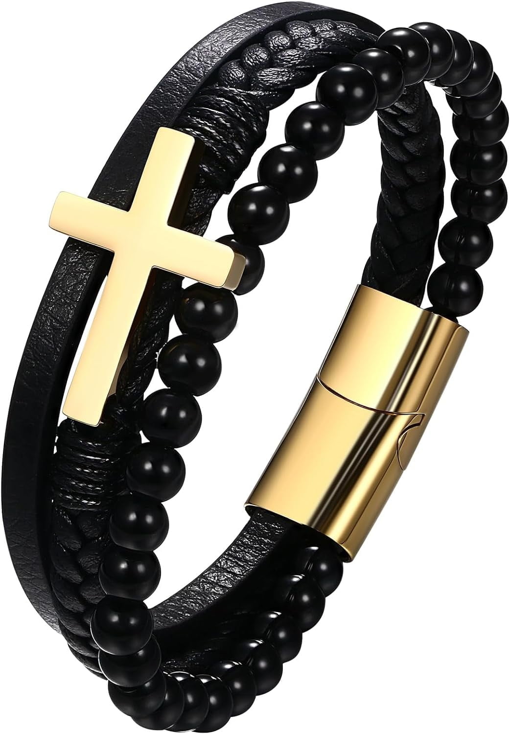 Leather Cross Cuff Bracelets, Men's Crucifix Bracelets, Braided Beads ...