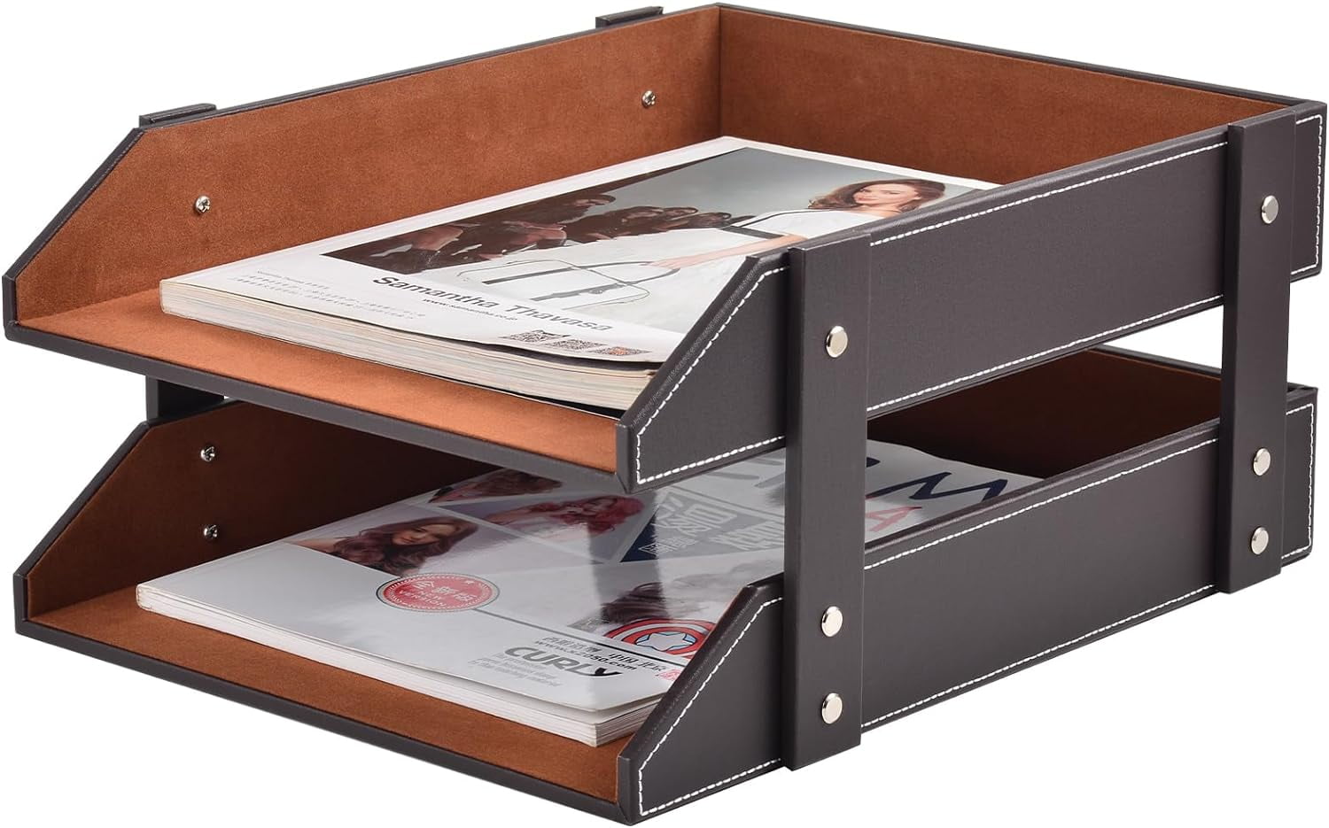Leather Desk Organizer,2-Tier Stackable Letter Tray Holder,Office ...