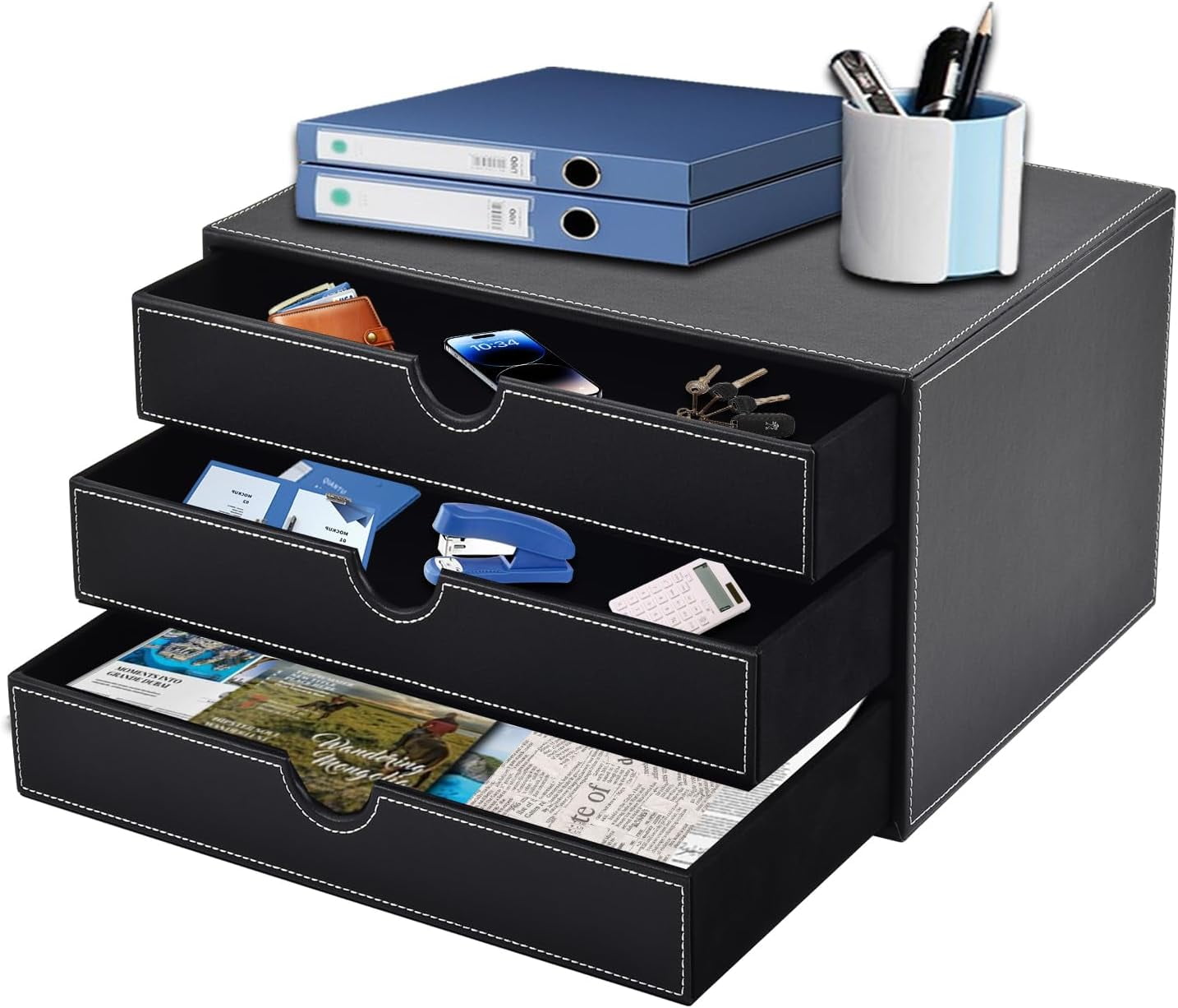 Leather Desk Organizer with 3 Drawers,Executive Office Supplies Desktop ...