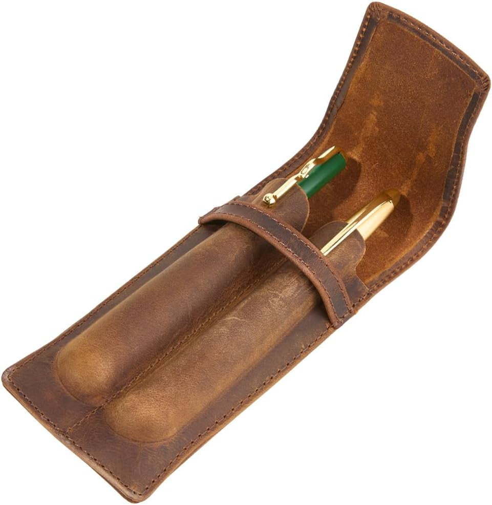 Leather Double Pen Case Holder Portable Vintage Handmade Crazy Horse ...