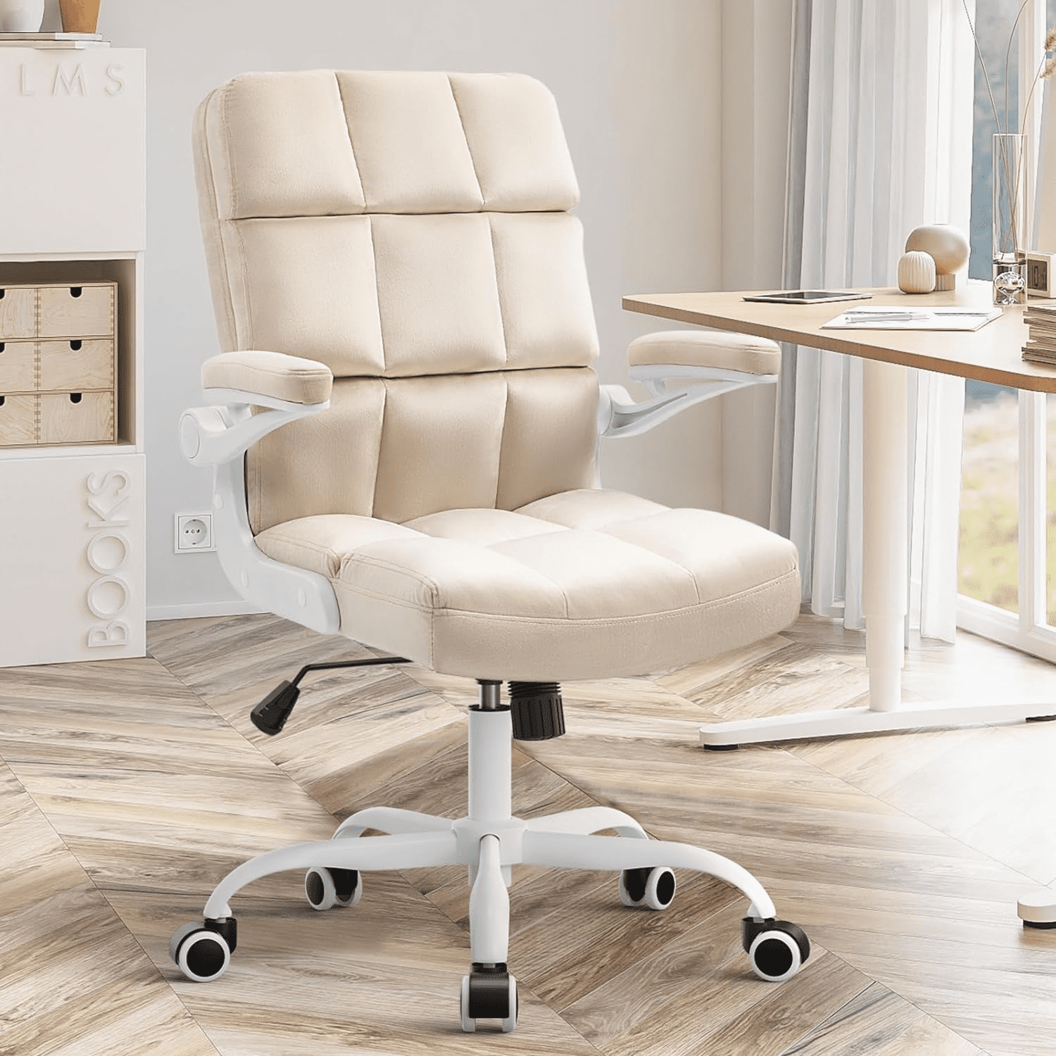 Leather Executive Office Small Desk Chair with Flip Armrest and Wheels ...