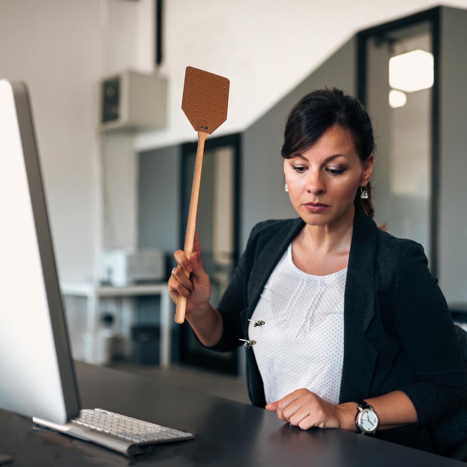 Leather Fly Swatter, Long Handle Beech Manual Fly Catcher, Outdoor ...
