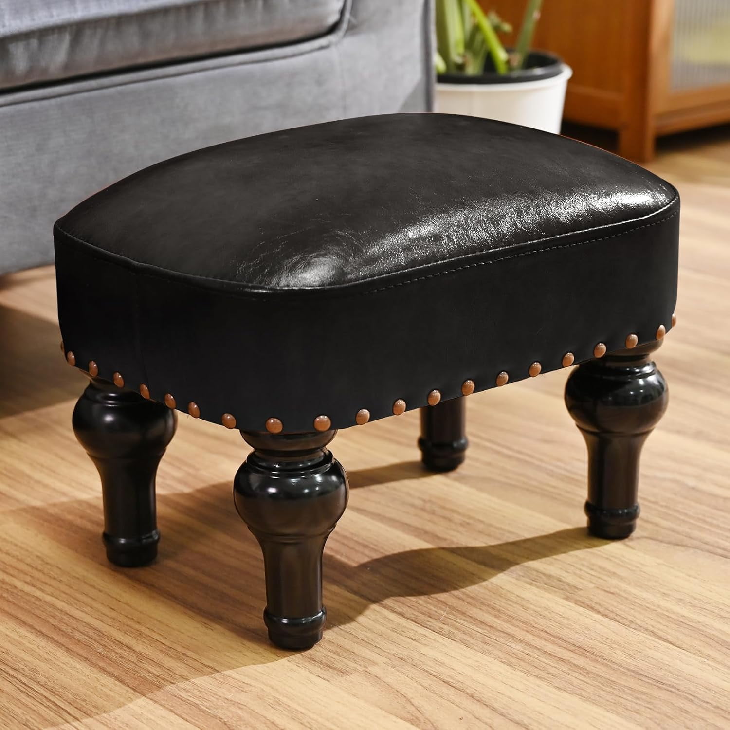 Leather Footrest Wood Ottoman,Rustic Foot Stools Ottoman Seat, Wood ...