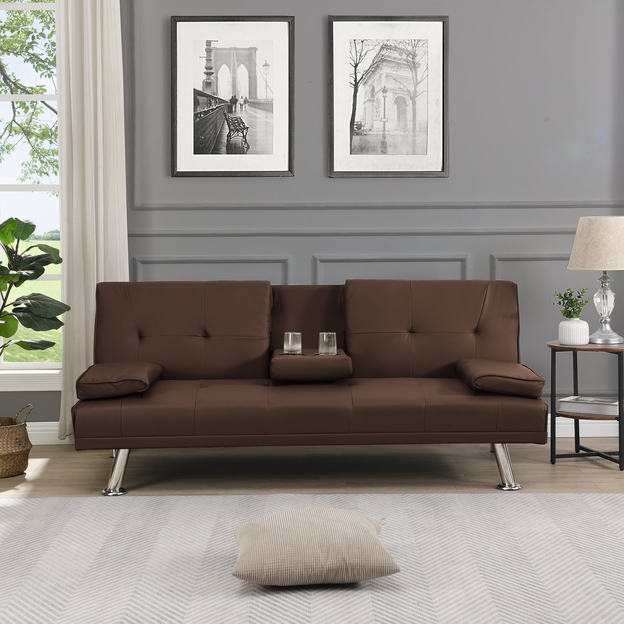 Leather Futon Sofa Bed Convertible Folding Couch Modern Faux Leather ...