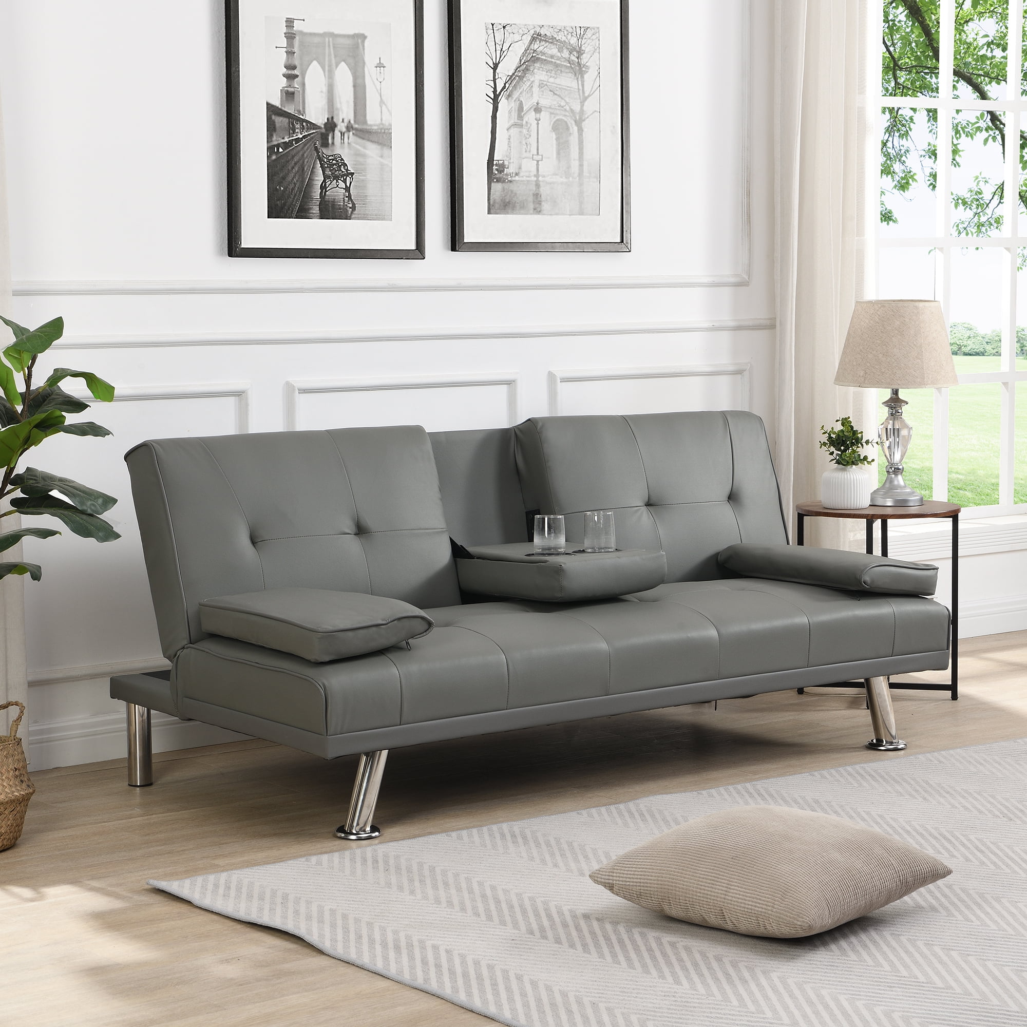Leather Futon Sofa Bed Convertible Folding Couch Modern Faux Leather ...