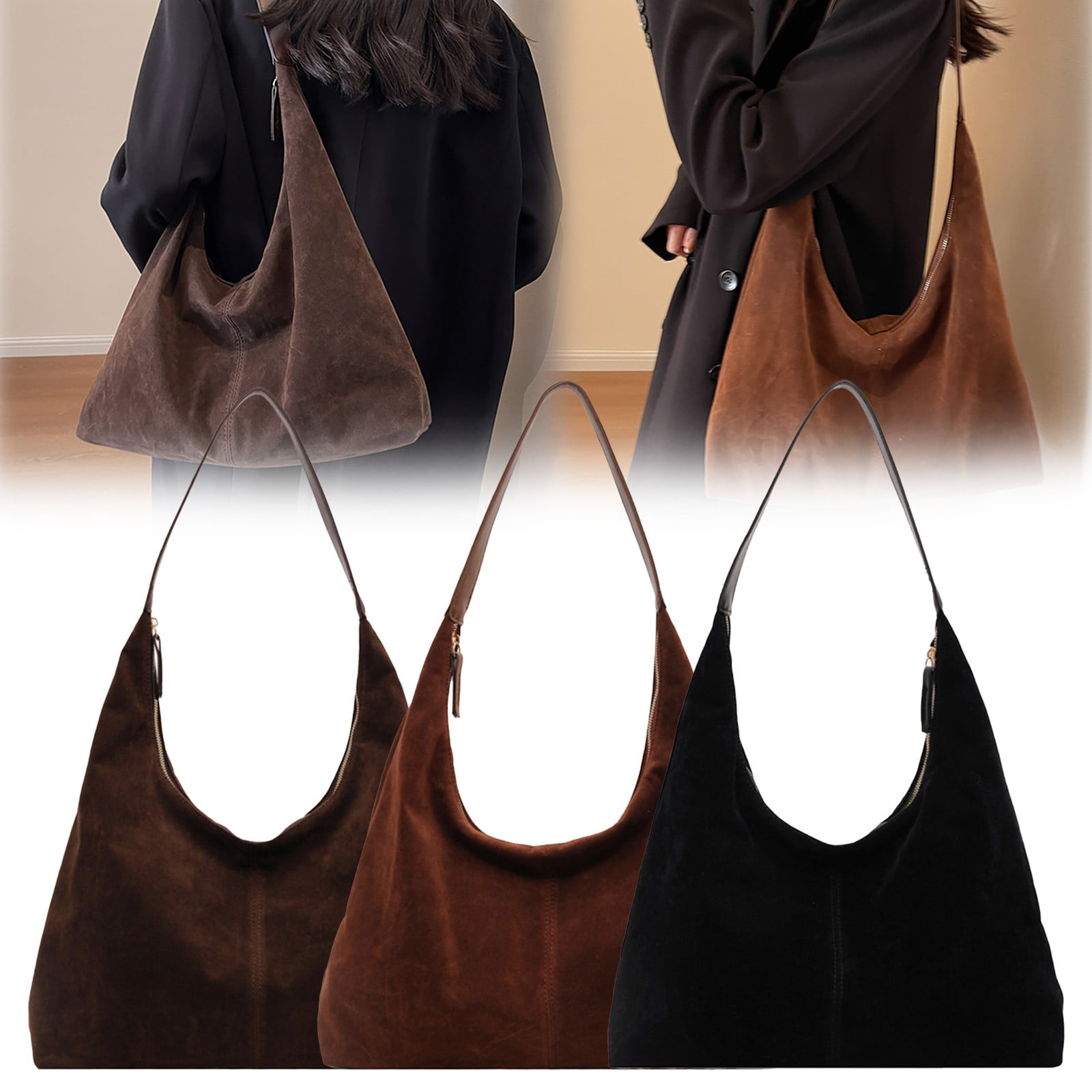 Leather Hobo Bags for Women Brown Purses Suede Purse Slouchy Tote Bag ...