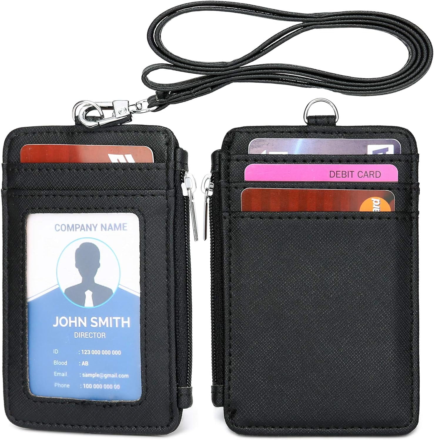 Leather ID Badge and Card Holder with Lanyard - Adjustable Retractable ...