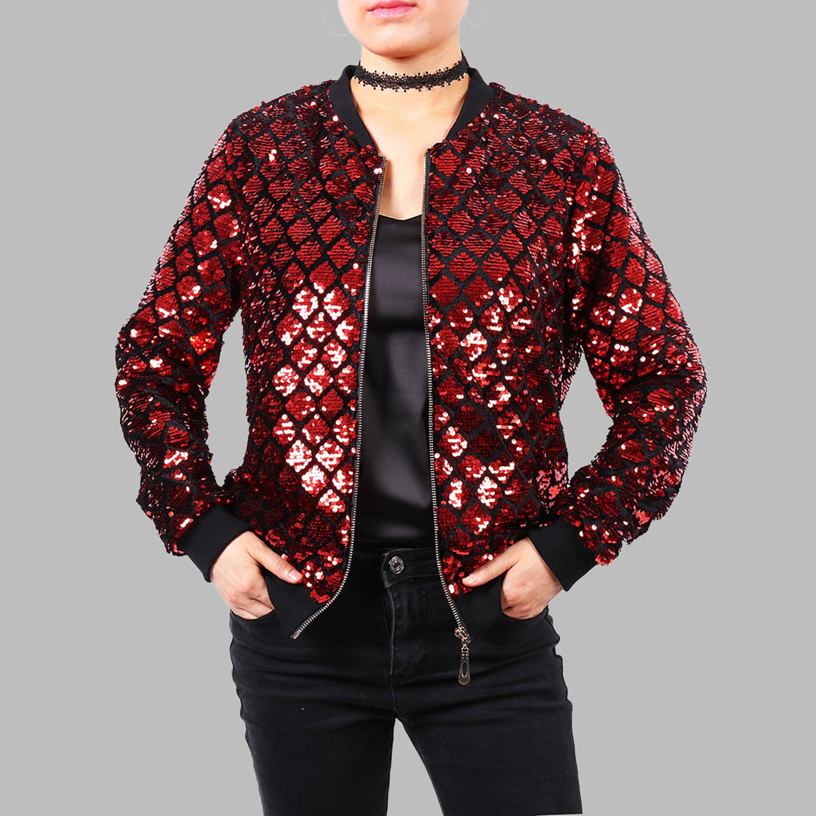 Leather Jacket Wind Breaker Jackets for Women Womens Rain Coat Womens FashionWomen Sequins ...