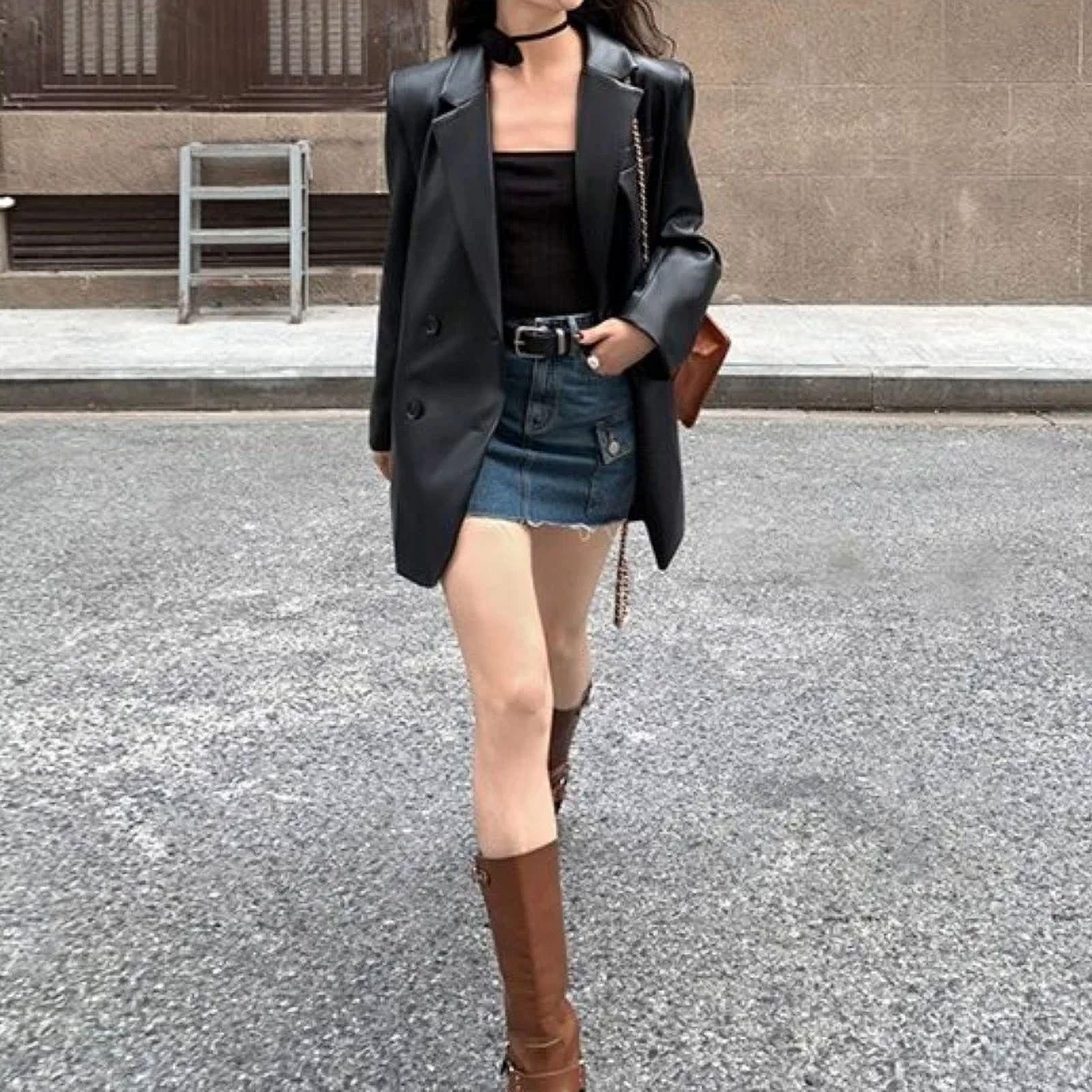 Leather Jacket Women Loose Fashion Street Casual V-neck Blazer Female 2024 Spring Solid Soft ...
