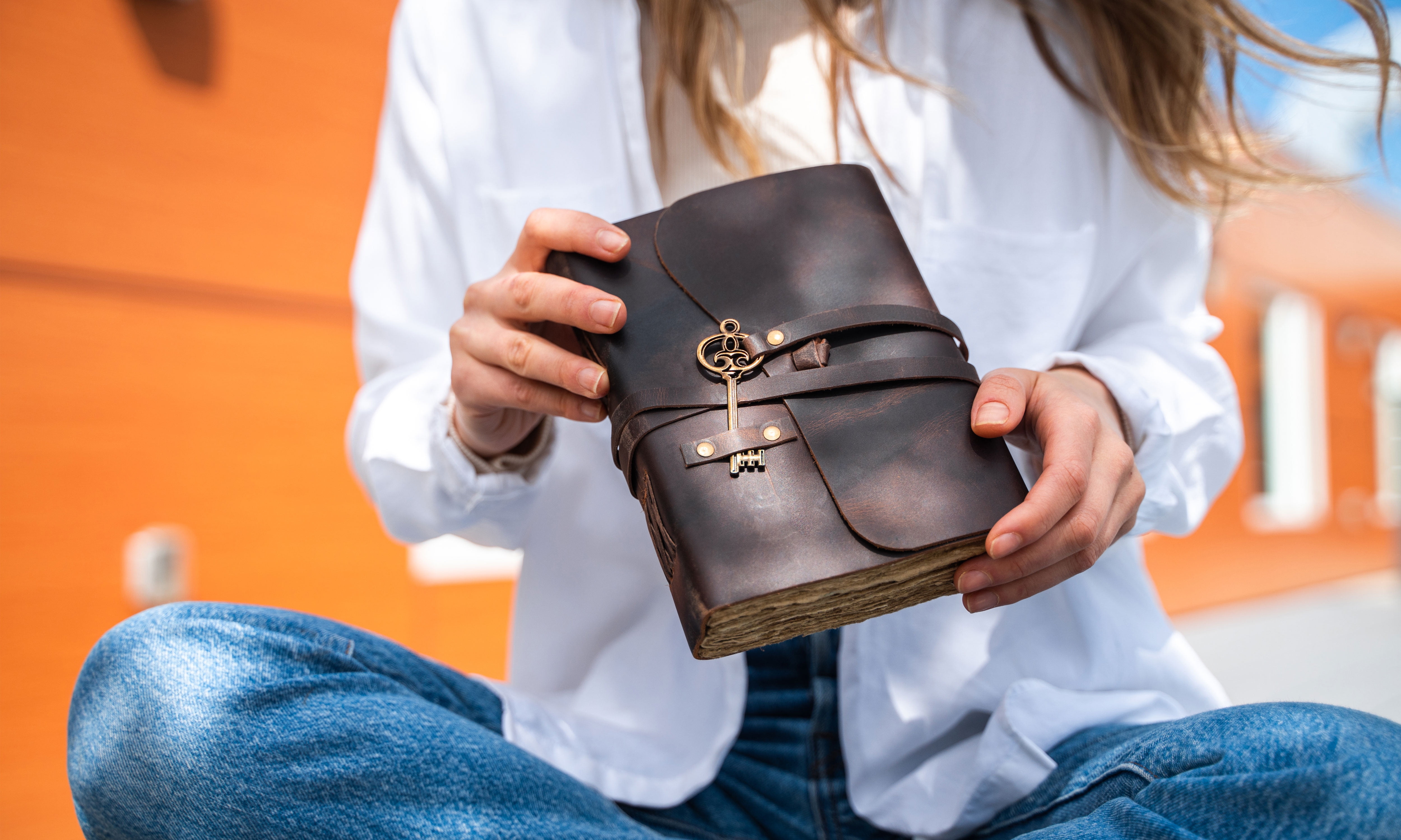 Leather Journal with lined Deckle Edge Paper 8x6 inch and Vintage Key ...