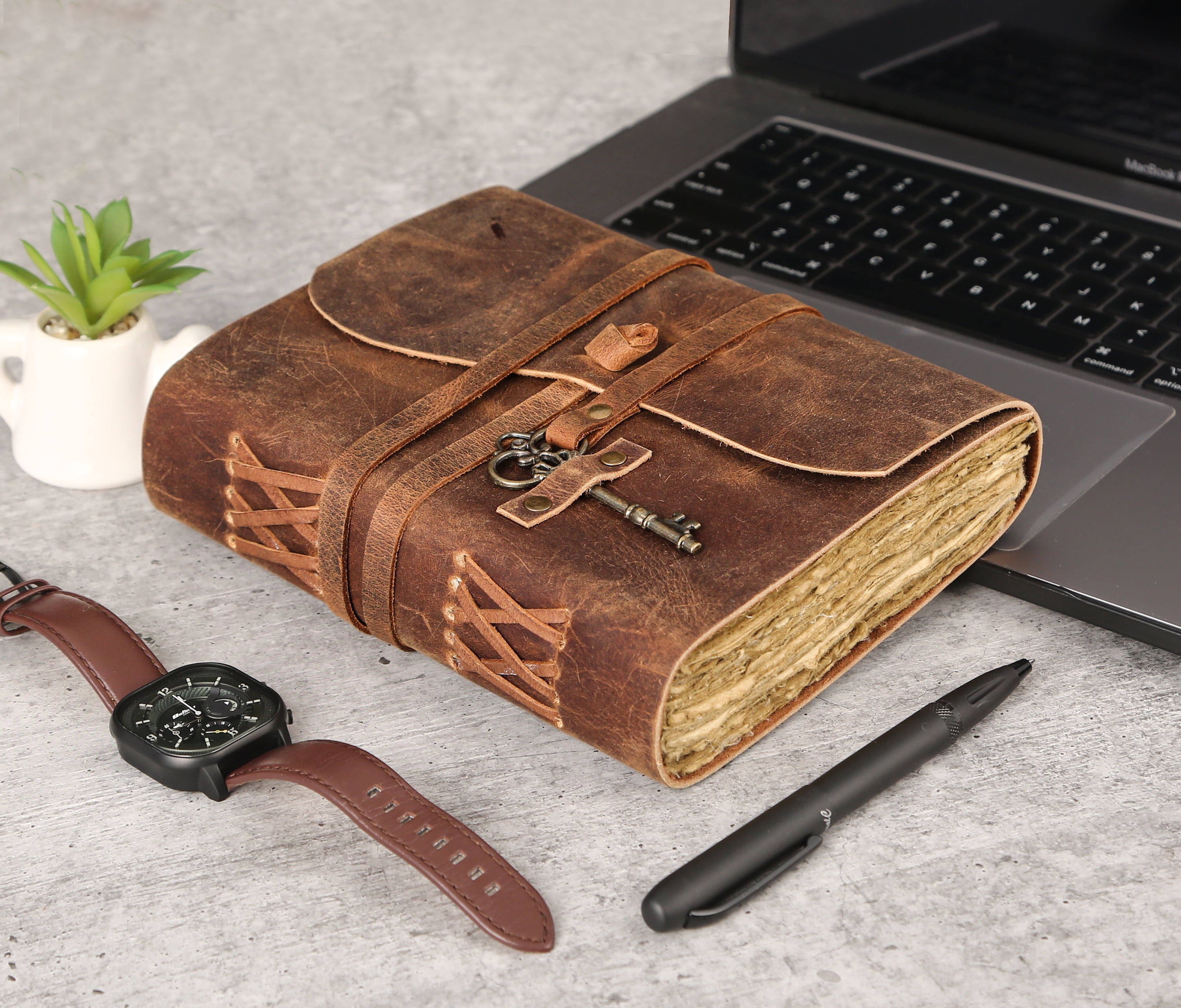 Leather Journal with lined Deckle Edge Paper 8x6 inch and Vintage Key ...
