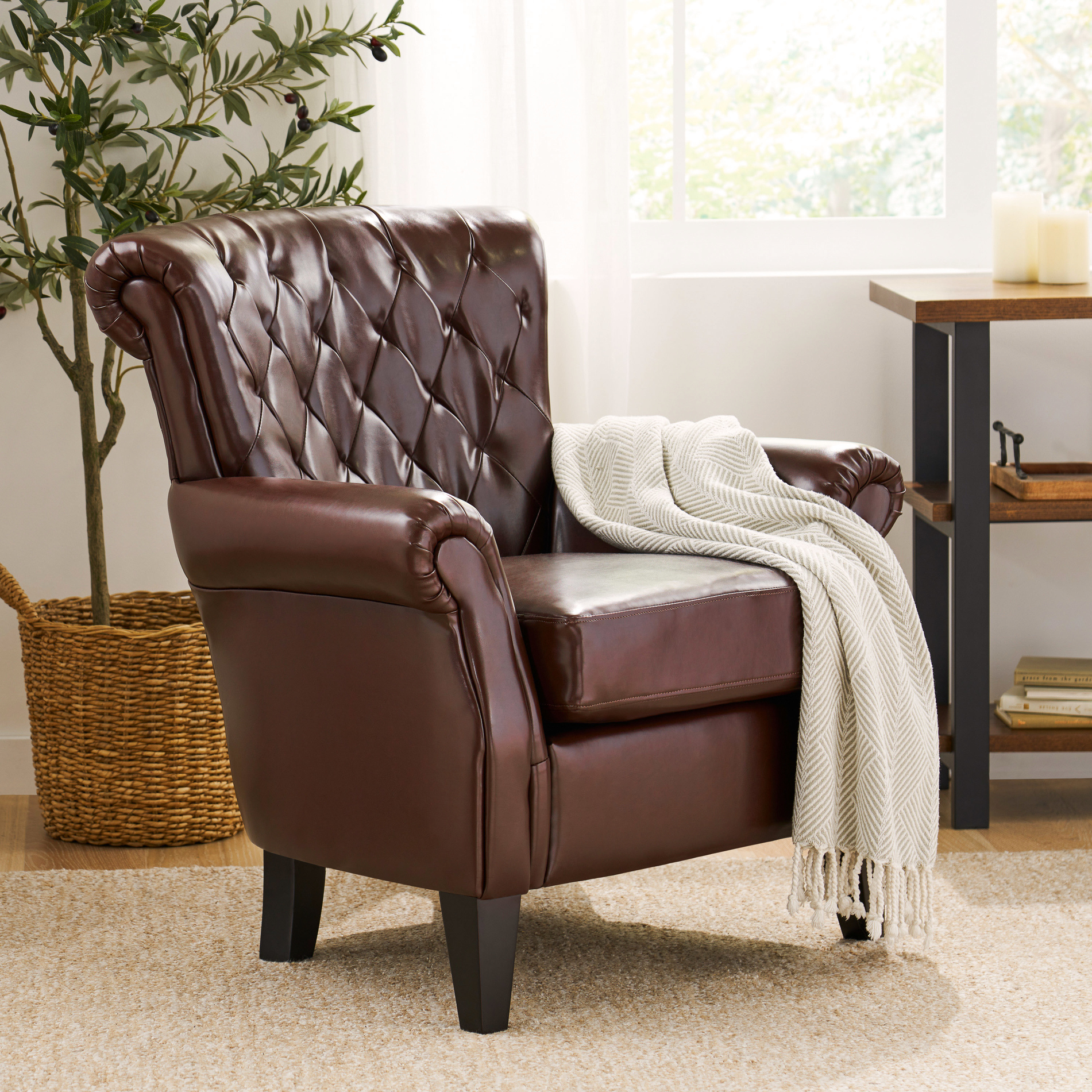 Leather Kd Chair - Chestnut Color, Sleek Design, Rolled Arms And ...