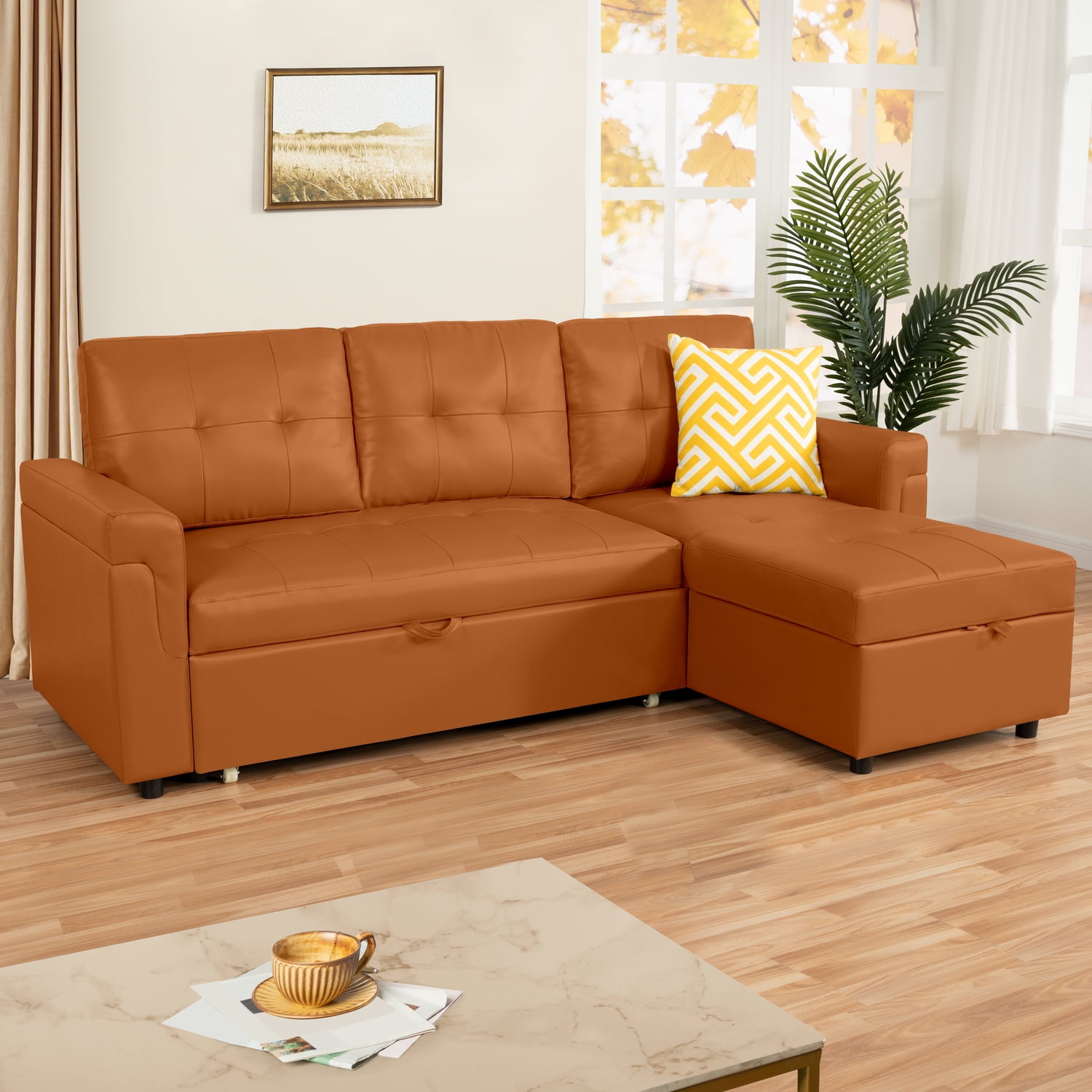 Leather L-Shaped Sectional Sleeper Couch with Pull-Out Bed - Small ...