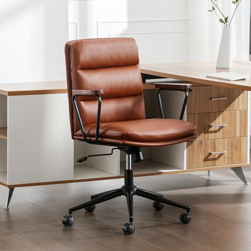 Leather Office Chair Modern Desk Chair with Removable Wooden Armrests ...