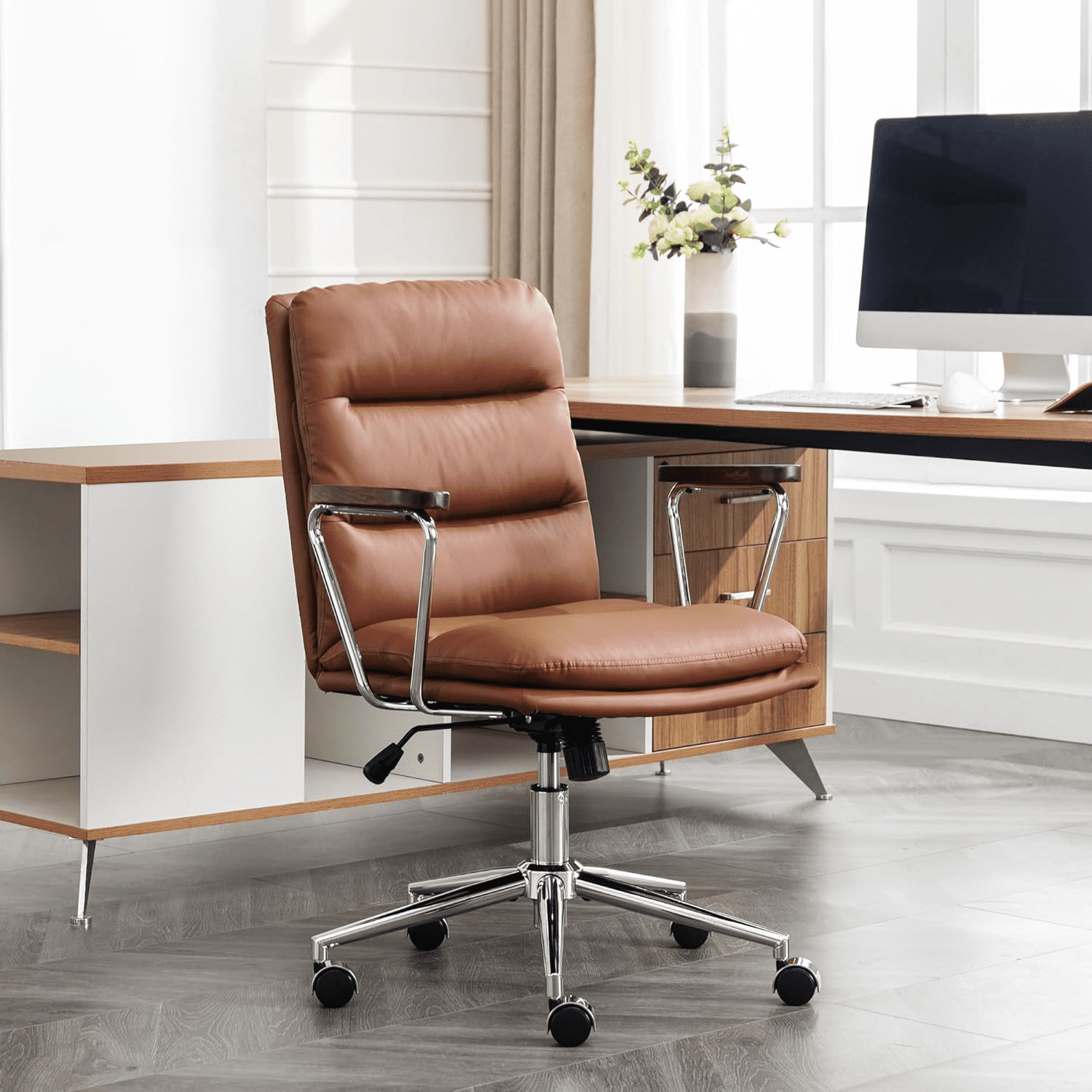 Leather Office Chair Modern Desk Chair with Removable Wooden Armrests ...