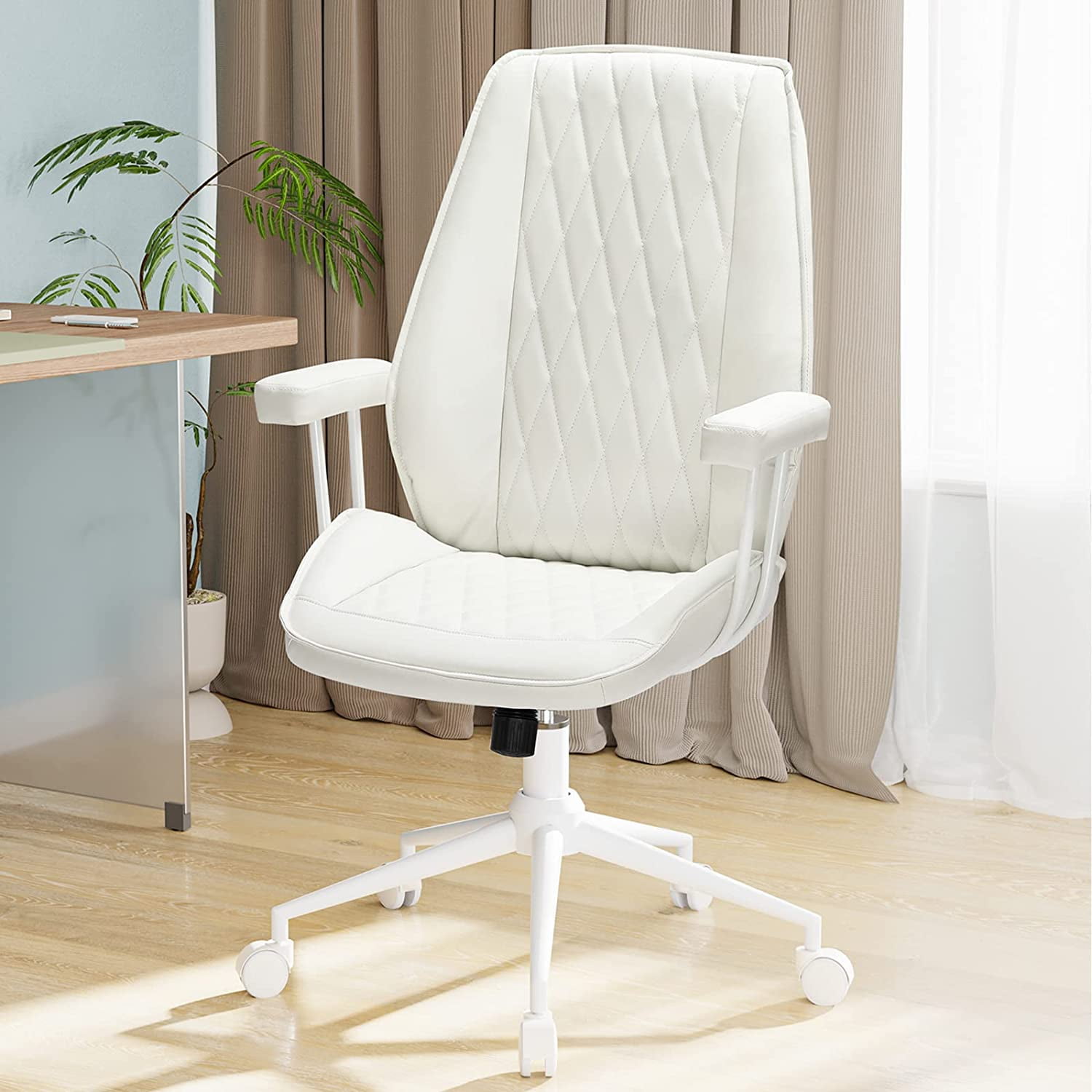 Leather Office Chair White Mid Back Computer Desk Chair with Removable ...