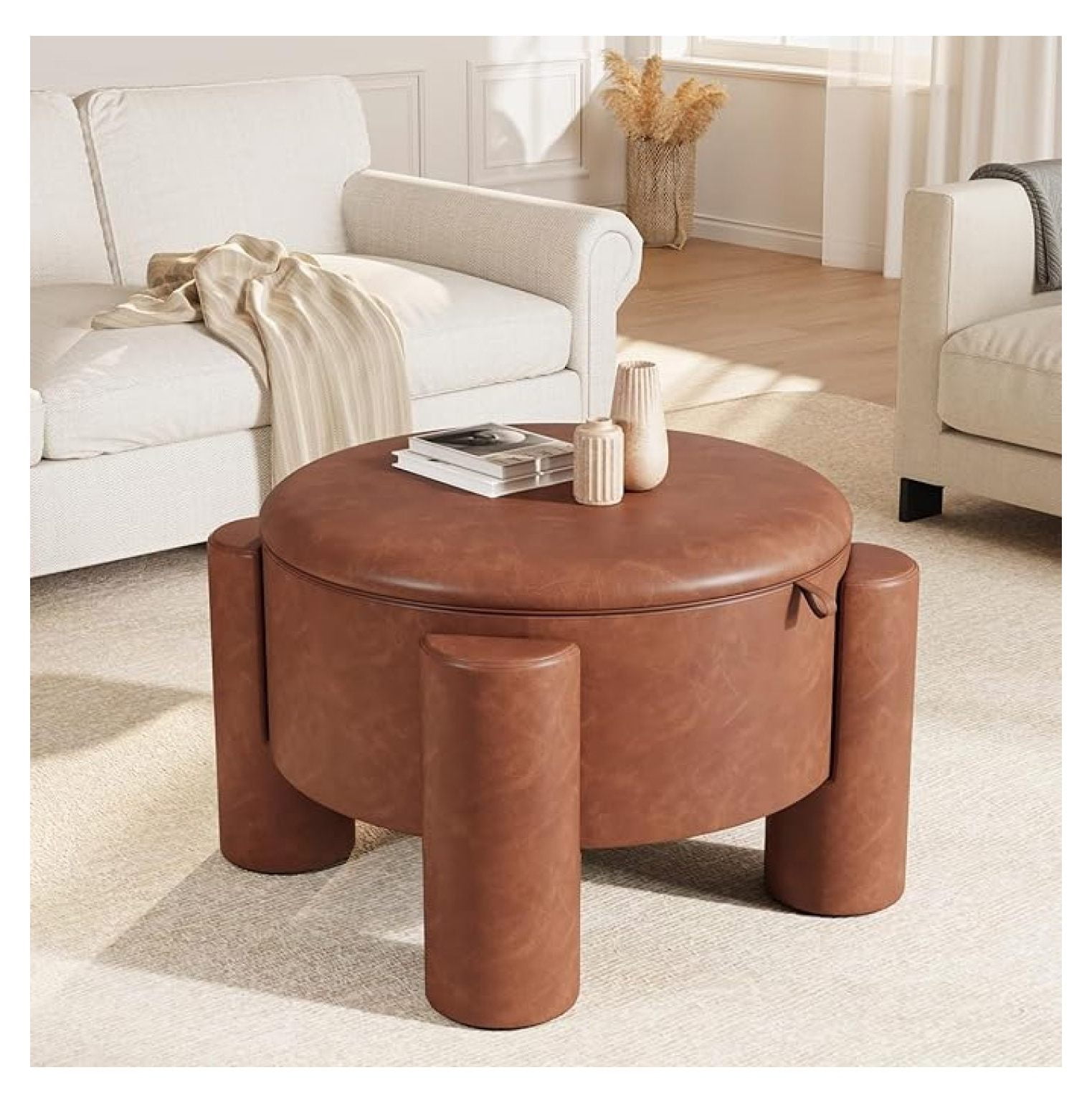Leather Ottoman Coffee Table with Storage, 24" Round Faux Leather ...