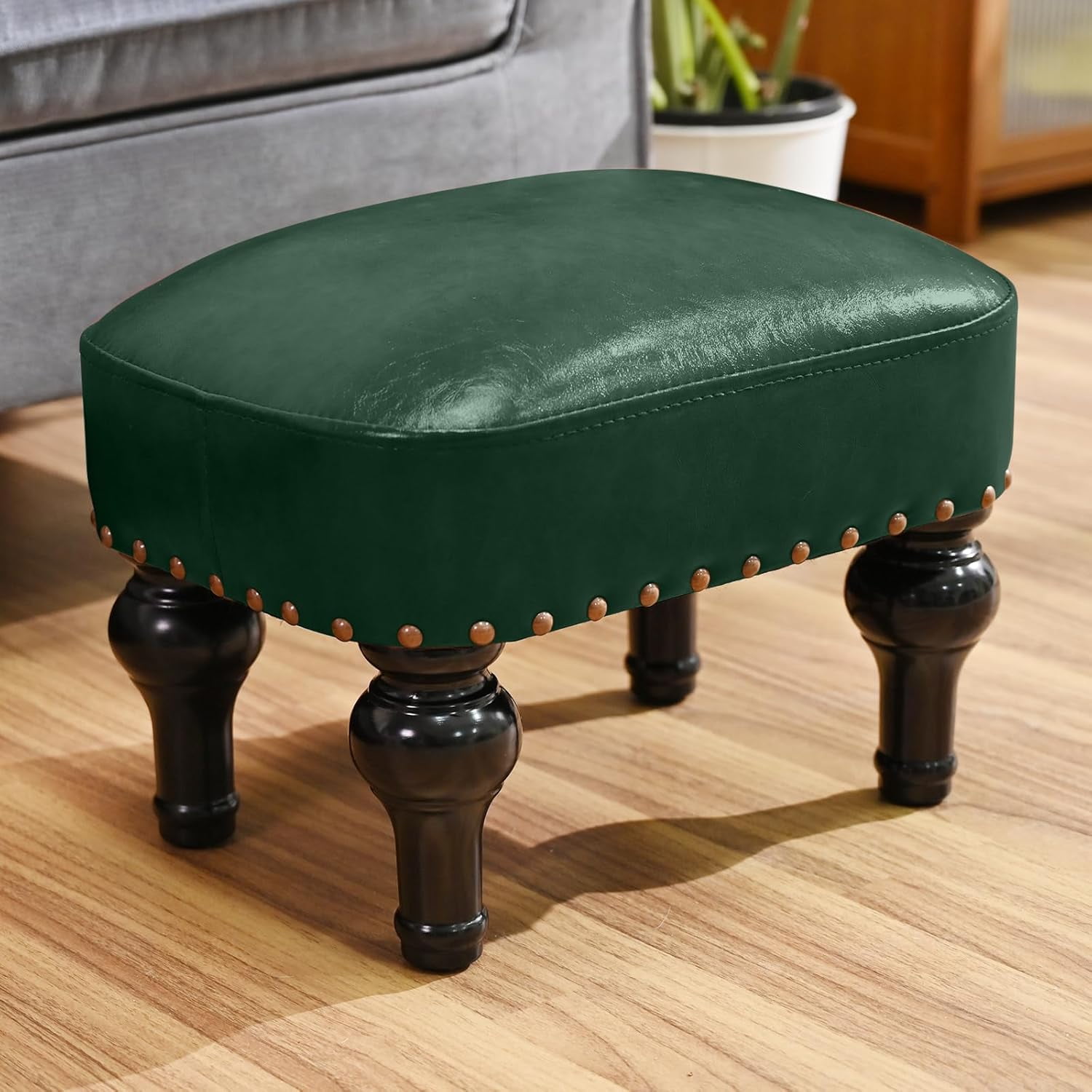 Leather Ottoman Footrest, Rustic Foot Stool, Wood Footstool, Rectangle ...