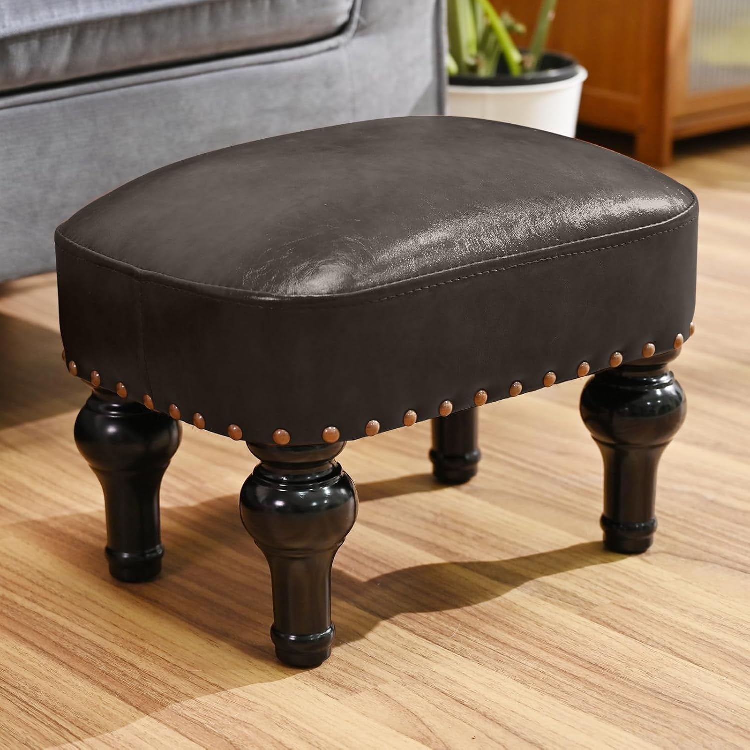 Leather Ottoman Footrest,Rustic Foot Stools Seat,Wood Footstool ...