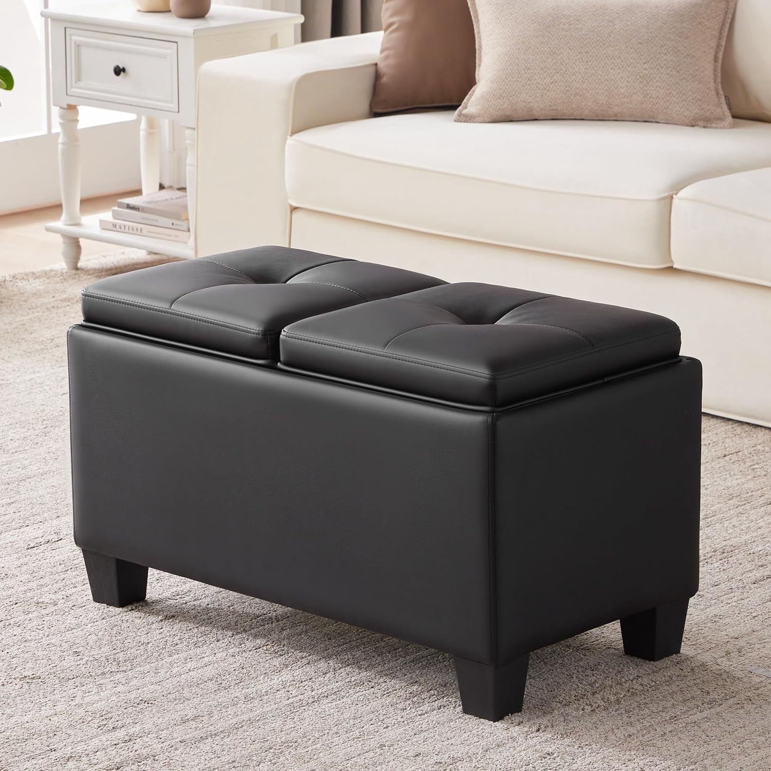 Leather Ottoman with Storage for Living Room 3-Seat Black Storage Bench ...