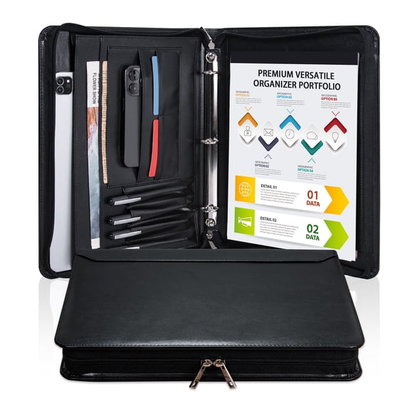 Premium Leather Zipper Portfolio with 3 Ring Binder, Padfolio Organizer ...