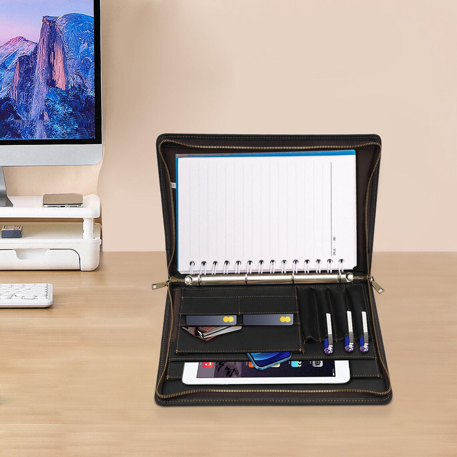 Leather Portfolio Folder,4 Ring Binder Padfolio with Zipper Fits up to ...