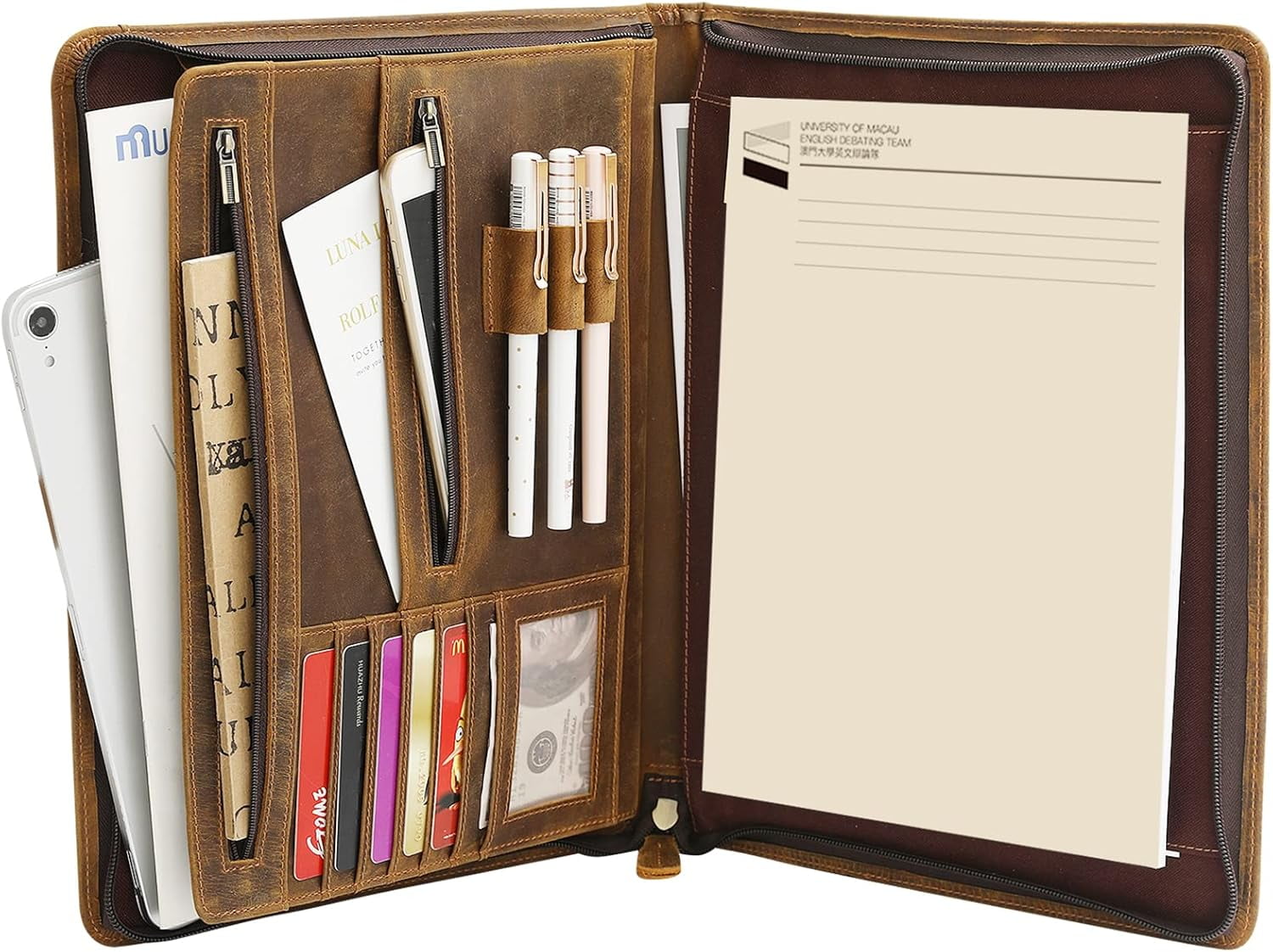 Leather Portfolio Organizer with Zipper for Men and Women, Leather ...