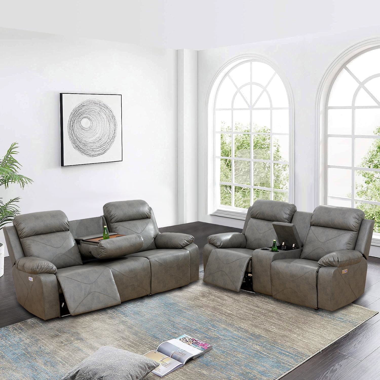 Leather Power Recliner Sofa Set with LED, Power Reclining Living Room ...