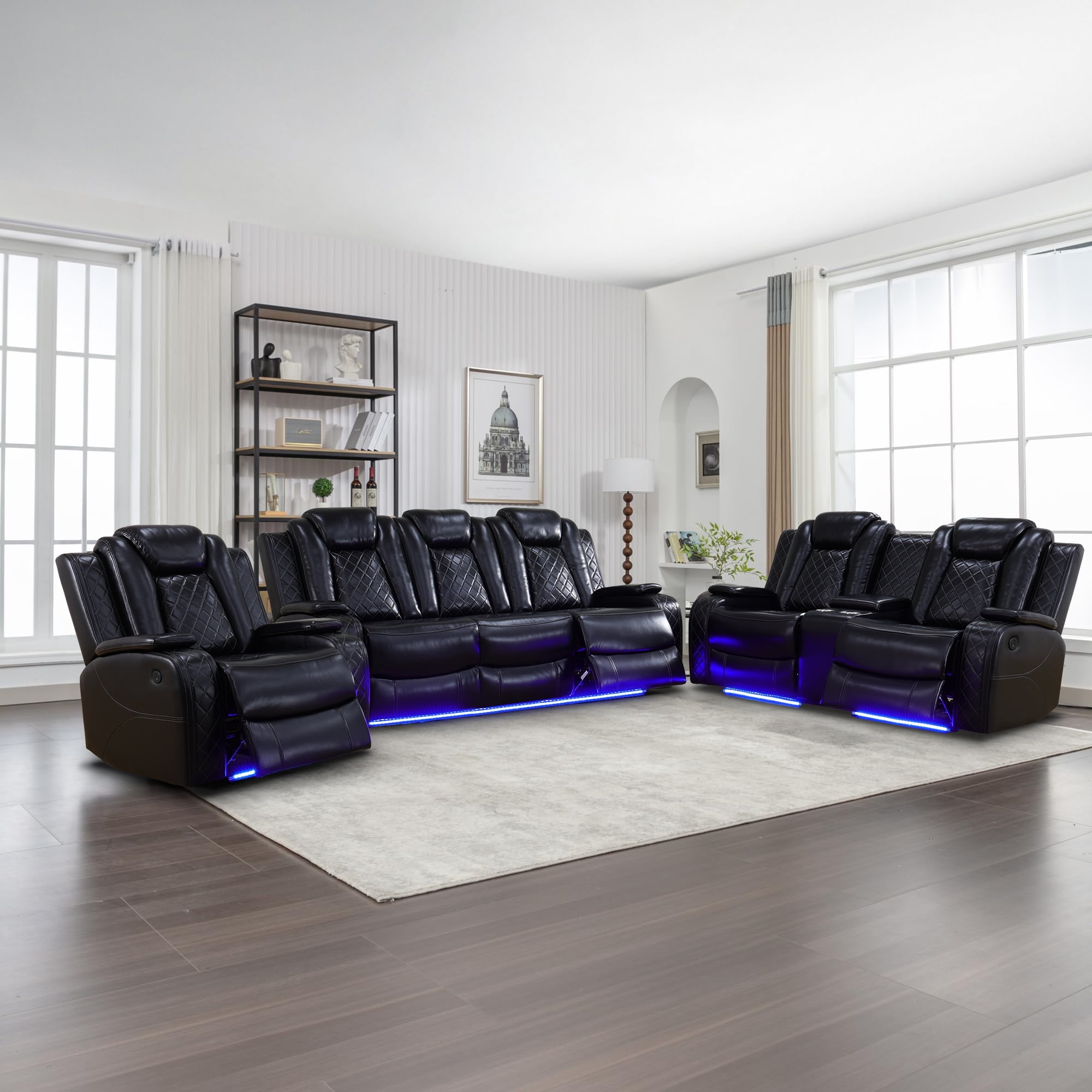 Leather Recliner Sofa Set with LED Lights,Power Reclining Sofa with USB ...