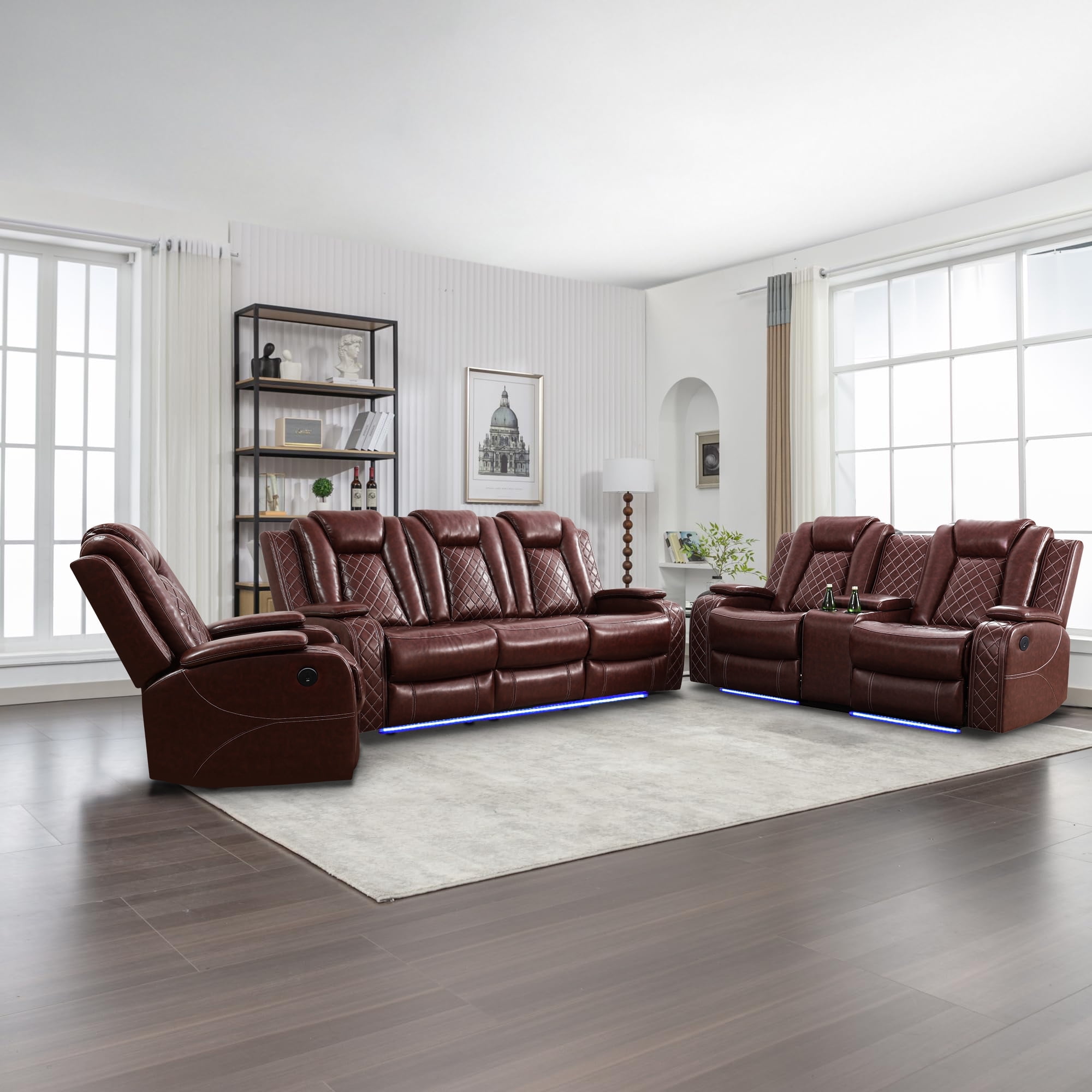 Leather Recliner Sofa Set with LED Lights,Power Reclining Sofa with USB ...
