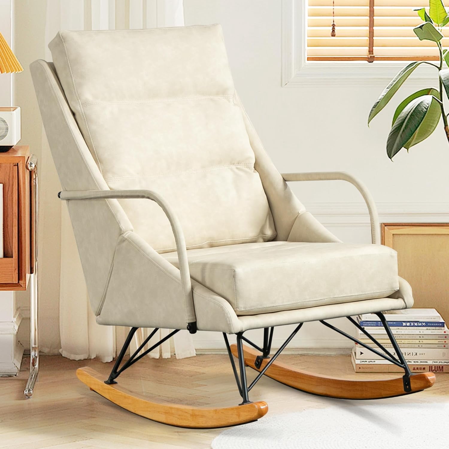 Leather Rocking Chair, Modern Nursery Glider with High Back for Living ...