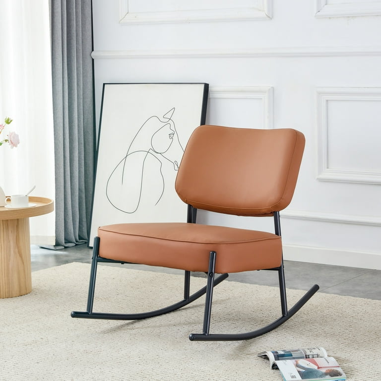 Leather Rocking Chair Nursery Armless Comfy Rocker Chair with Metal Legs Comfortable Side Chairs with Thick Padded Seat for Nursery Bedroom Living
