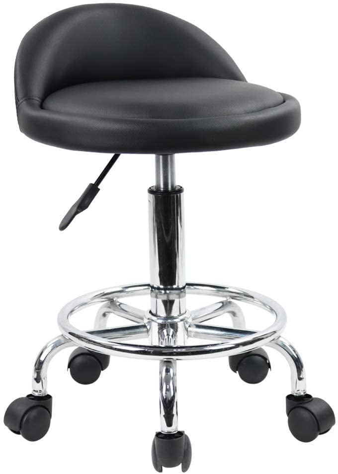 Leather Round Rolling Stool with Foot Rest Height Adjustable Swivel ...