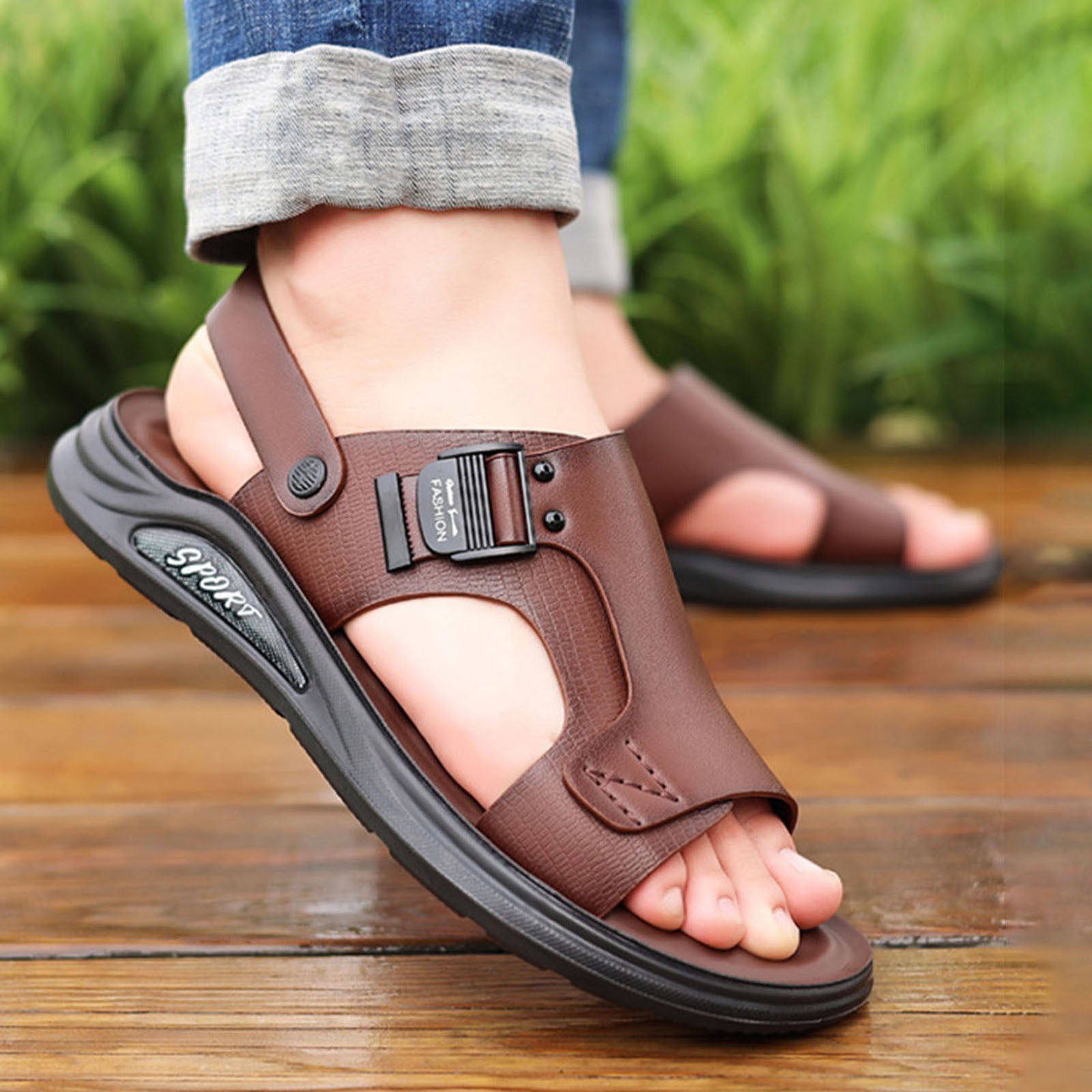 Leather Sandals for Men Open Toe Flat Sandals Slip on Summer Shoes for ...