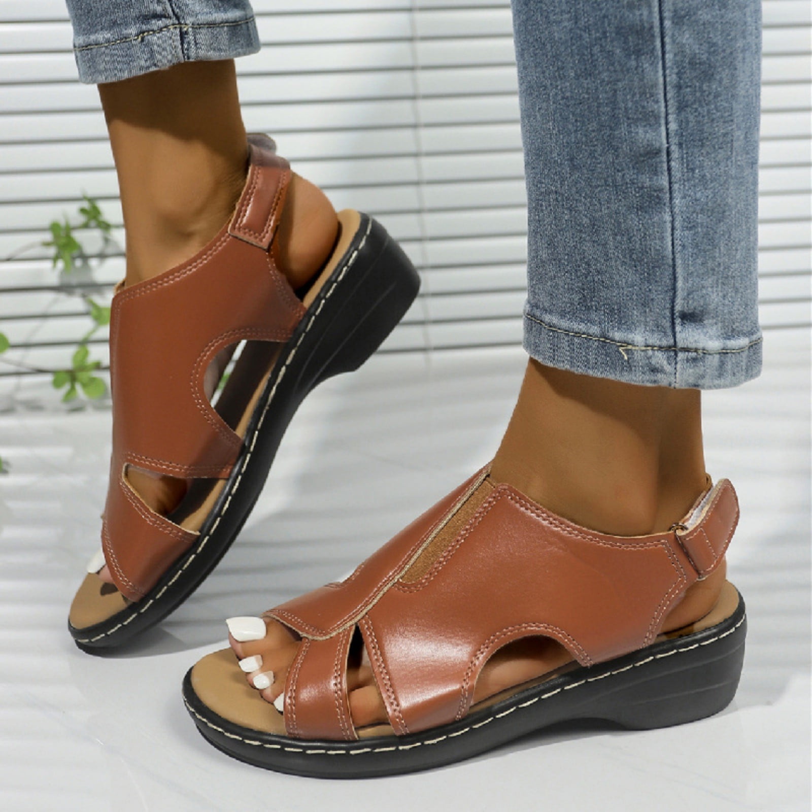 Leather Sandals for Women Casual Summer Wedge Sandals Open Toe Low Heel ...