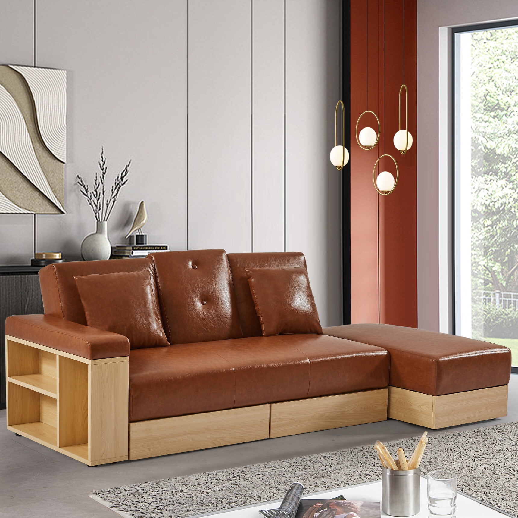 Leather Sectional Sofa with Side Two-Tier Storage Rack, Mid-century ...