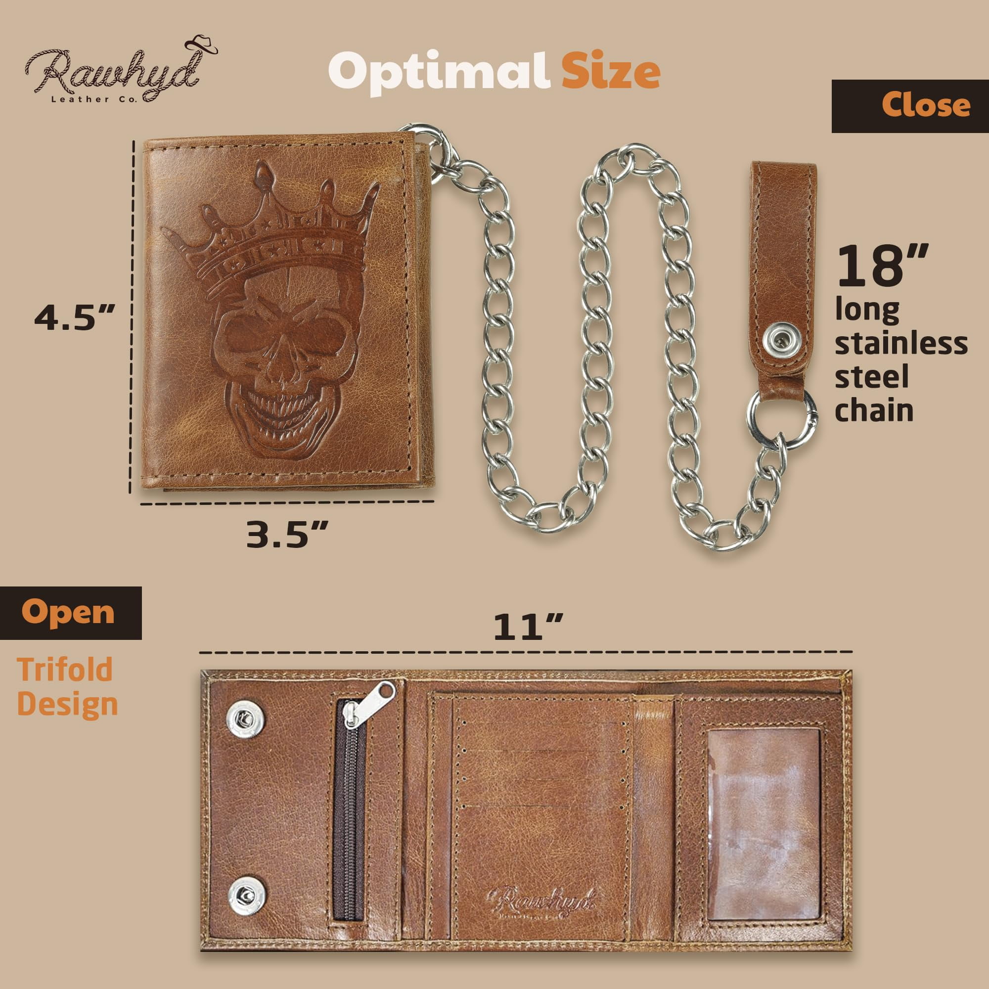 Leather Skull Chain Wallet for Men - Trifold Biker Wallet with Chain ...