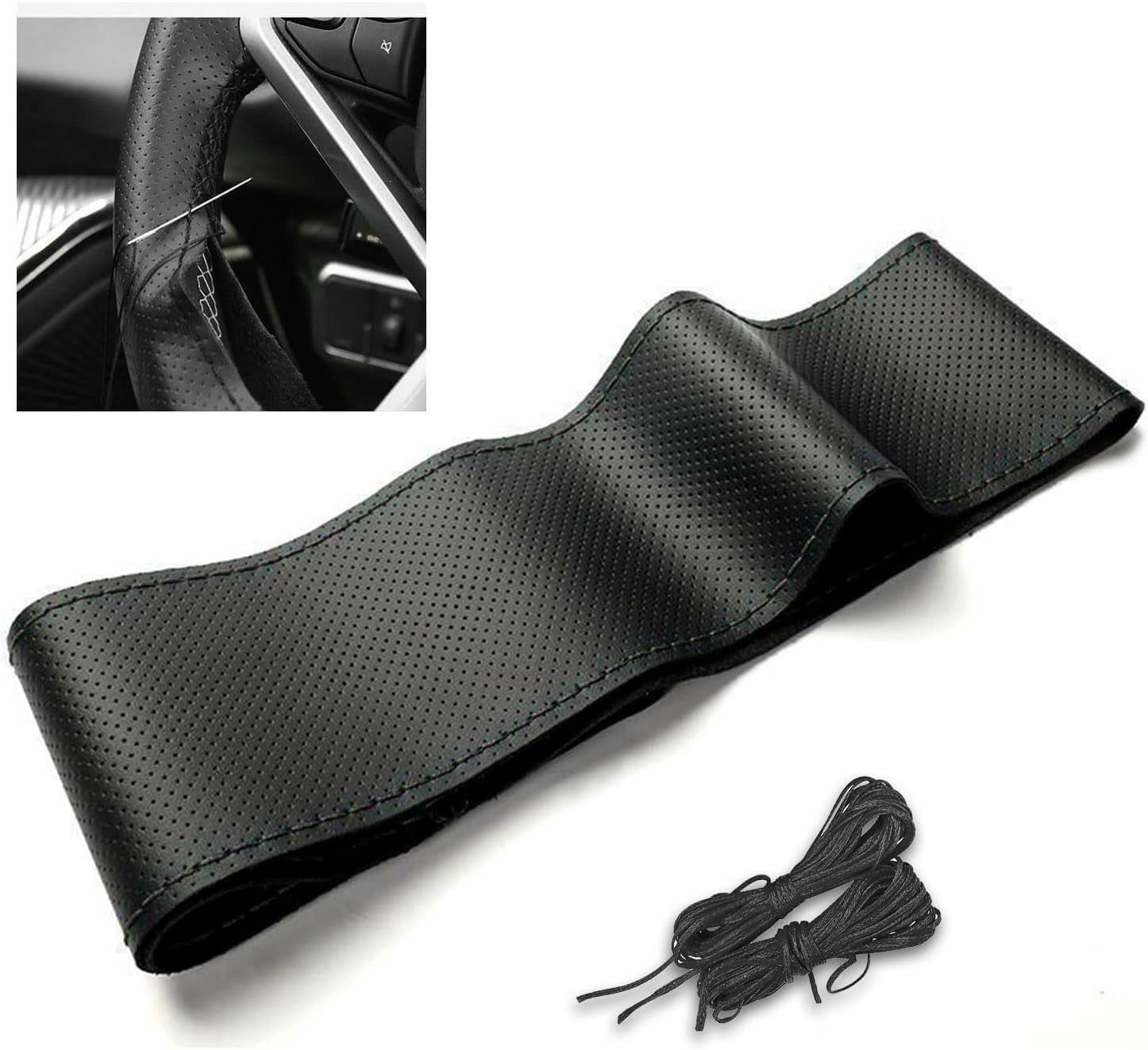 Leather Steering Wheel Cover, Stitch On Wrap, Breathable Anti-Slip Car ...