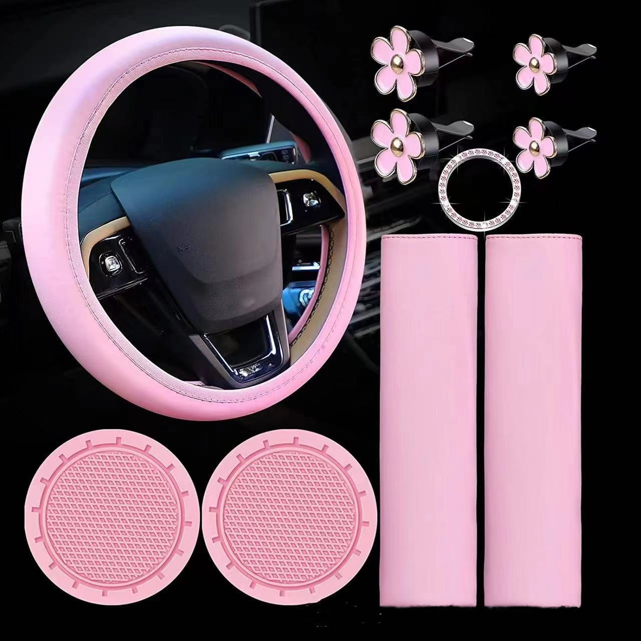 Leather Steering Wheel Cover & Cute Car Accessories Set, Pink ...