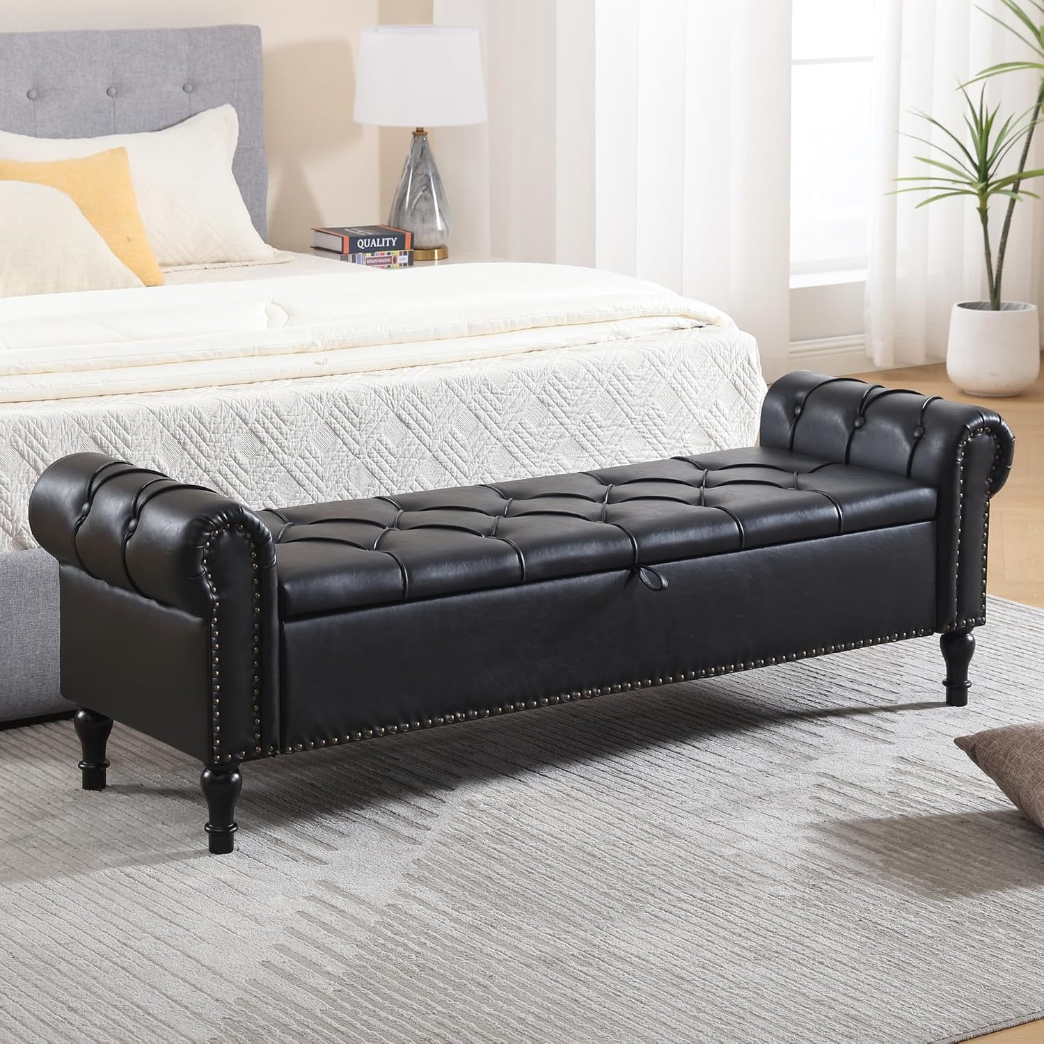 Leather Storage Bench 67 Inch Upholstered Tufted Ottoman Bench with ...