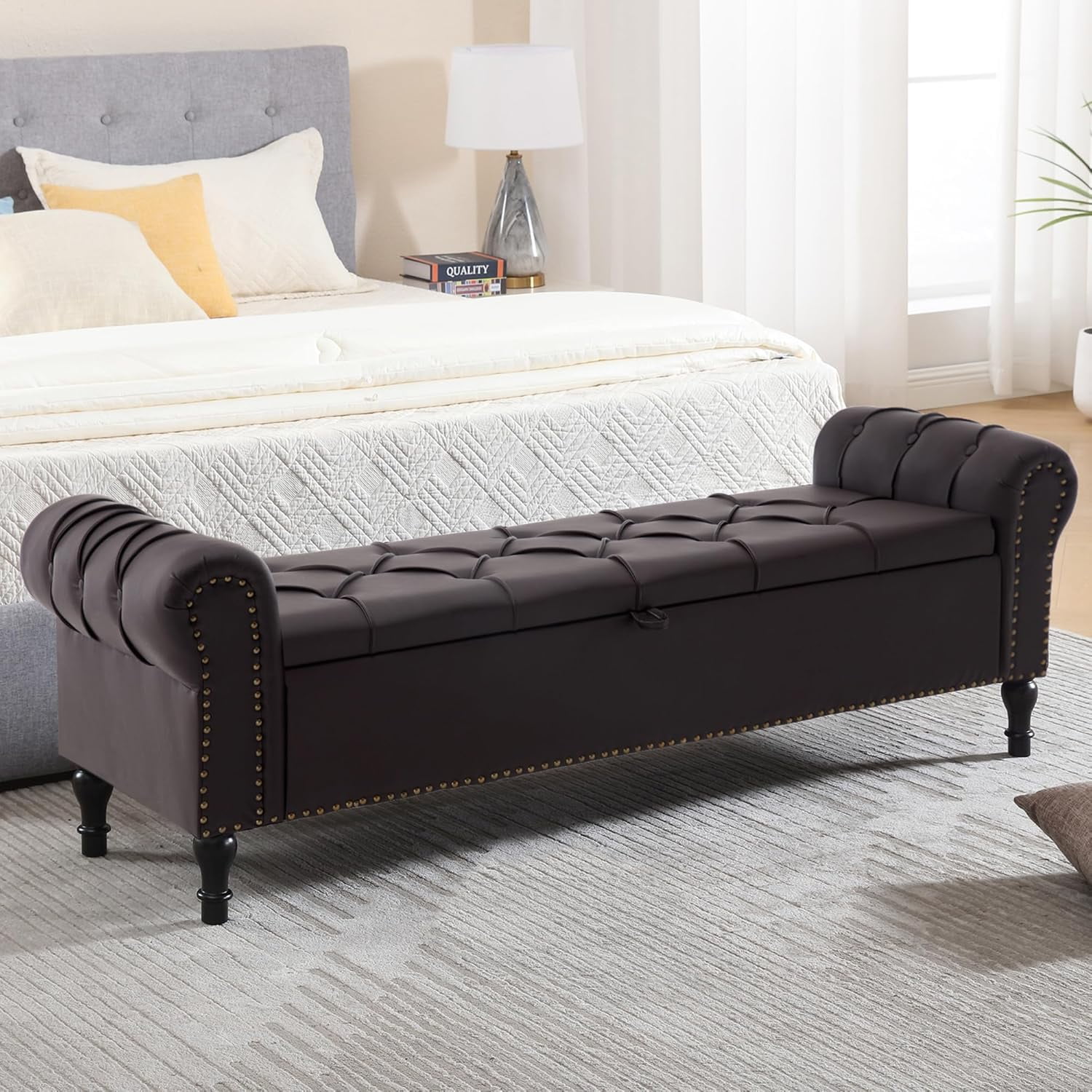 Leather Storage Bench 67 Inch Upholstered Tufted Ottoman Bench with ...