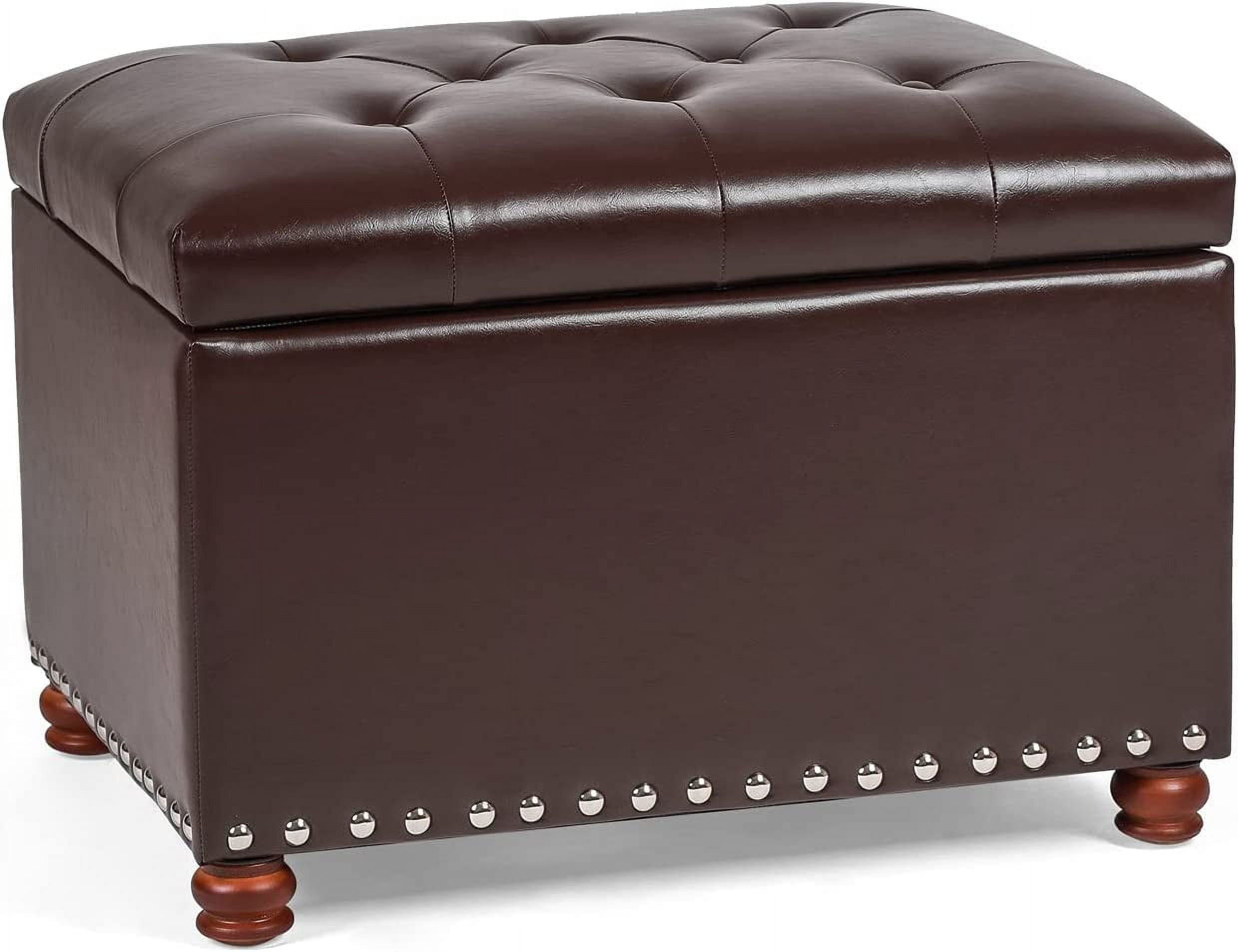 Leather Storage Ottoman Bench Foot Rest Stool with Nailhead Trim (Dark ...