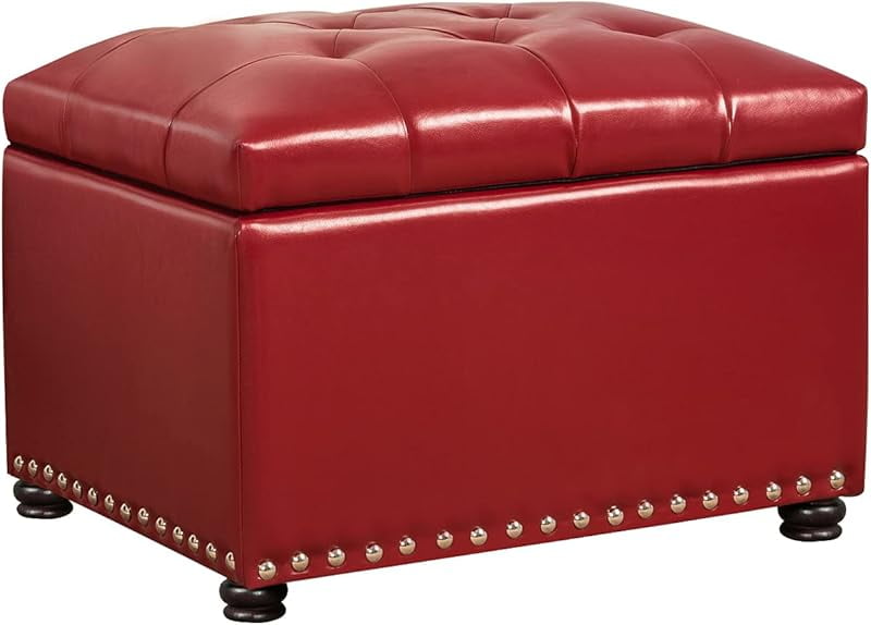 Leather Storage Ottoman Bench Foot Rest Stool with Nailhead Trim (Dark ...